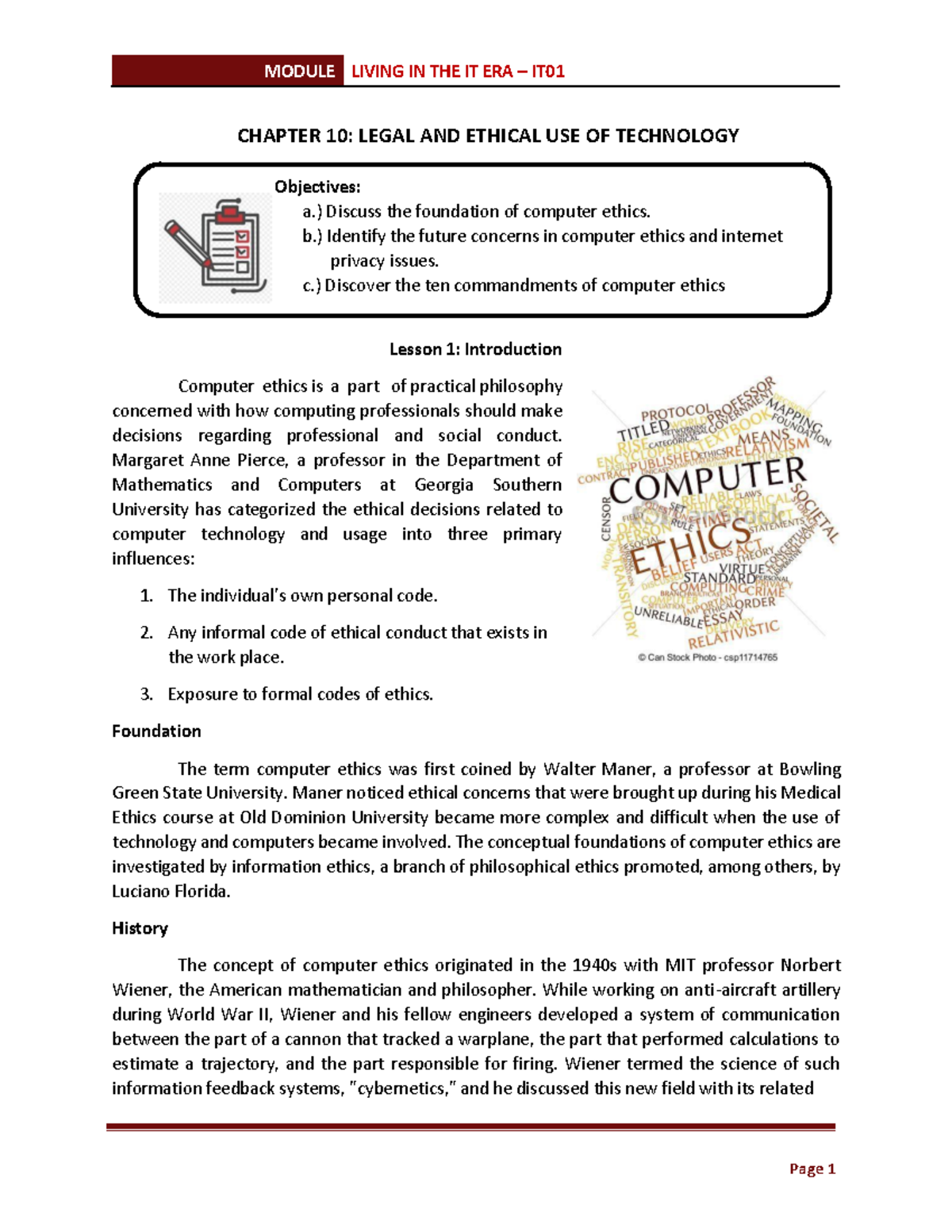 IT01 Chapter 10 - bruh - CHAPTER 10: LEGAL AND ETHICAL USE OF TECHNOLOGY Lesson 1: Introduction ...
