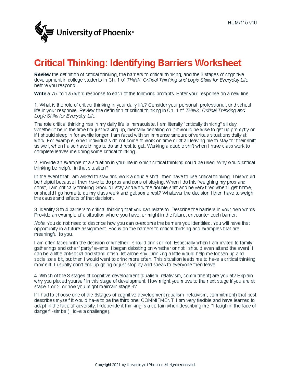 Hum115 v10 wk1 critical thinking identifying barriers worksheet - HUM ...
