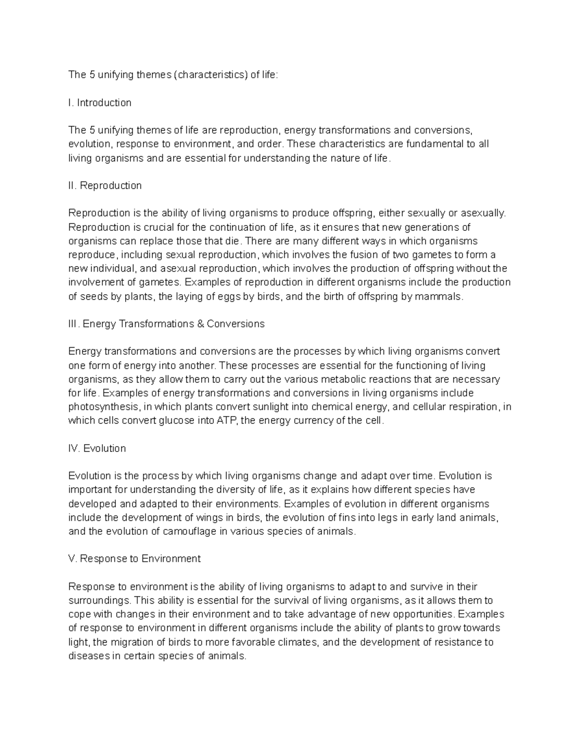 The 5 unifying themes of life - The 5 unifying themes (characteristics ...