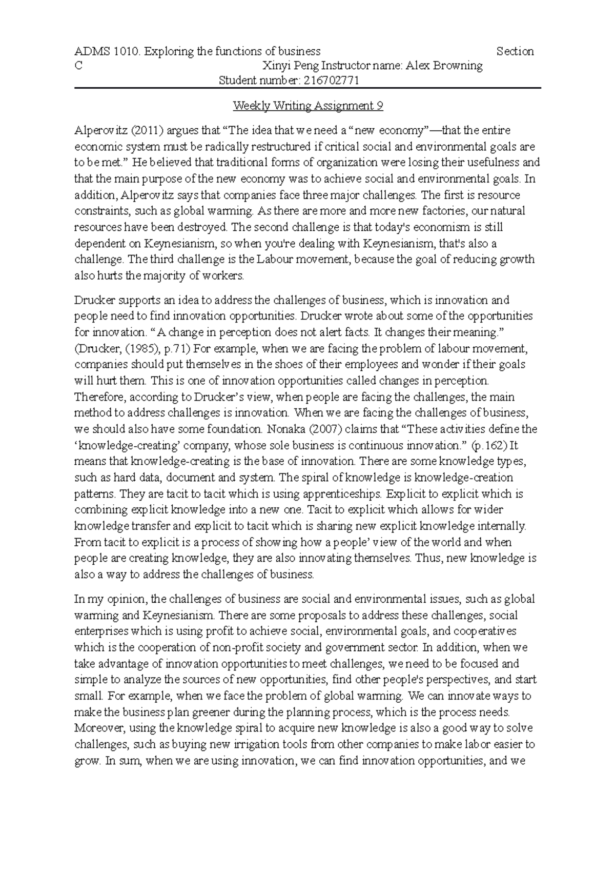 Weekly Writing Assignment 9 - ADMS 1010. Exploring the functions of business Section C Xinyi ...