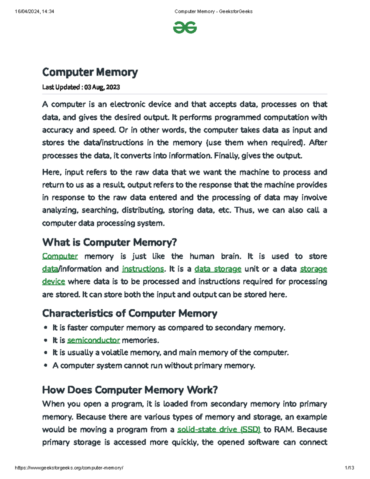 Computer Memory Geeksfor Geeks Computer Memory Last Updated 03 Aug 2023 A Computer Is An 2318