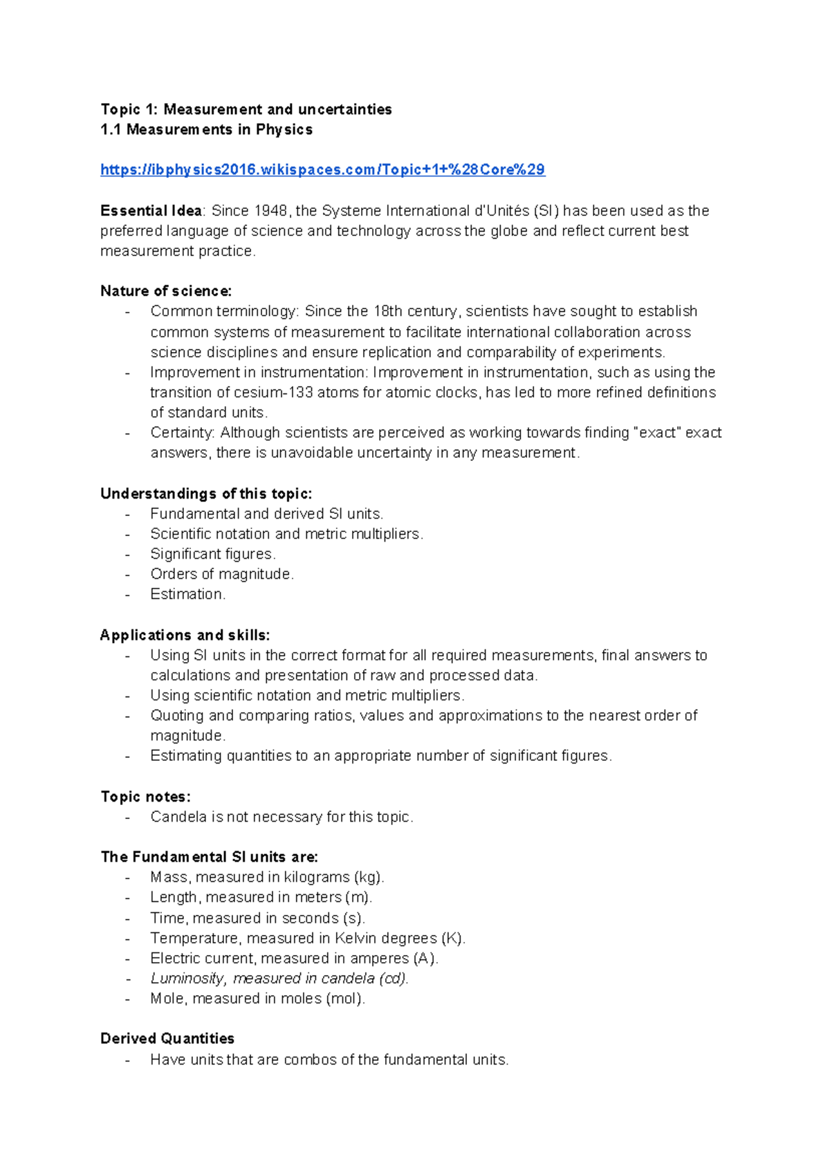 Topic 1.1 Measurements in physics - Topic 1: Measurement and ...