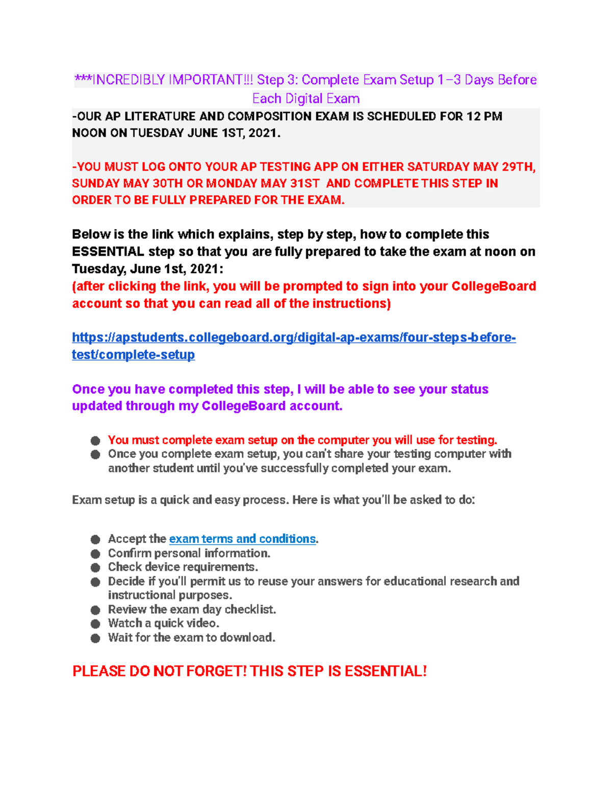 - Highly Important Step 3 Complete Exam Setup 1–3 Days Before Each ...