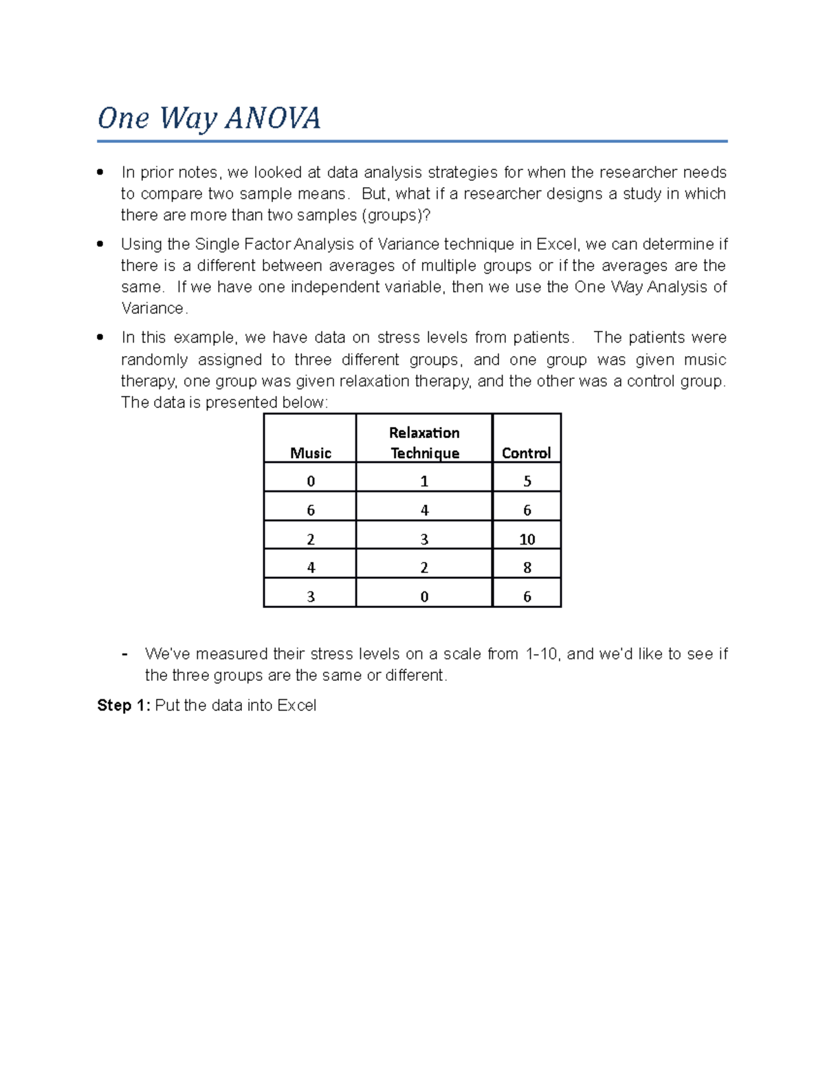 Lecture 10-One- Way-Analysis-od-Variance - One Way ANOVA In prior notes ...