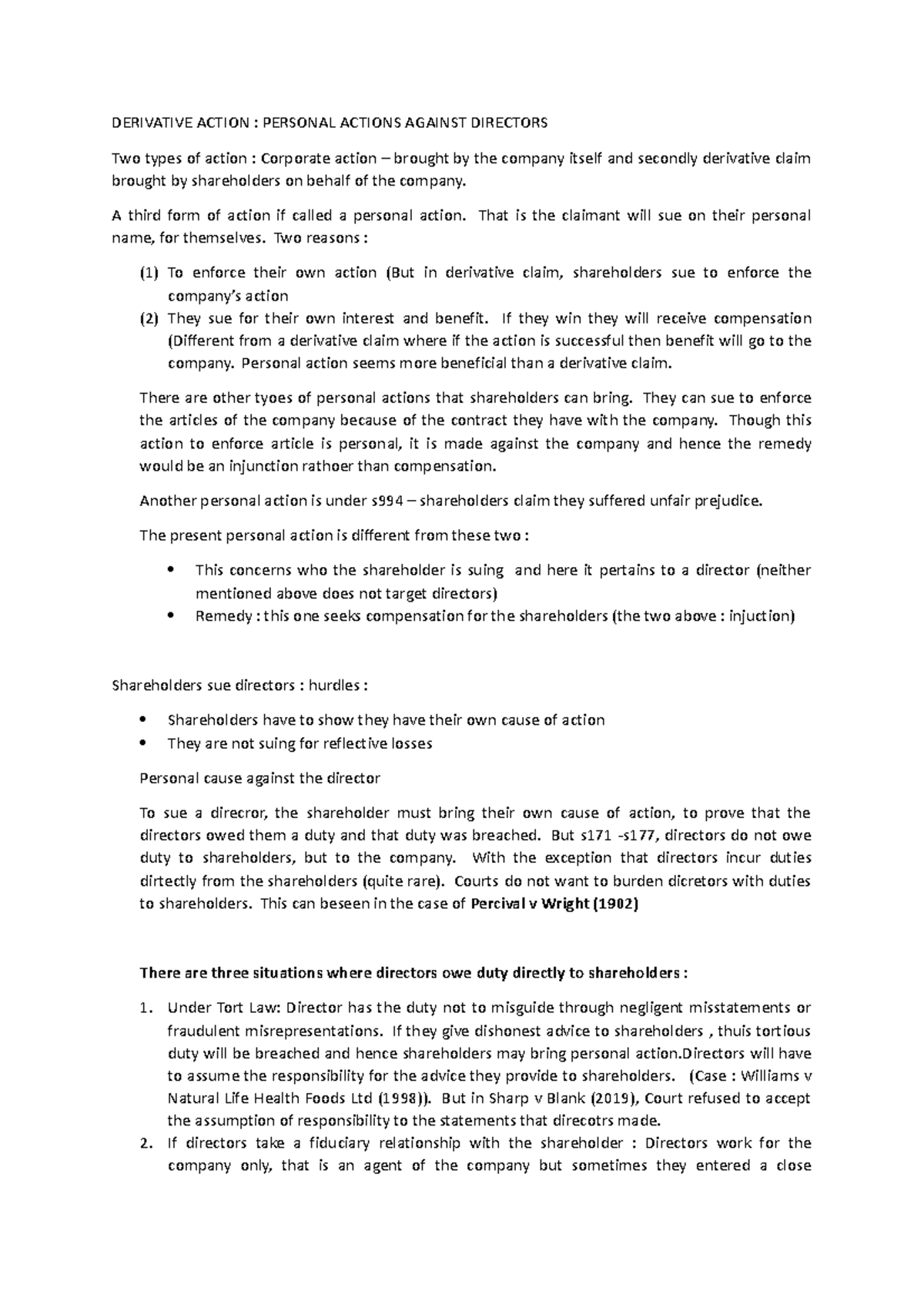 Derivative Claim Personal Action - DERIVATIVE ACTION : PERSONAL ACTIONS ...