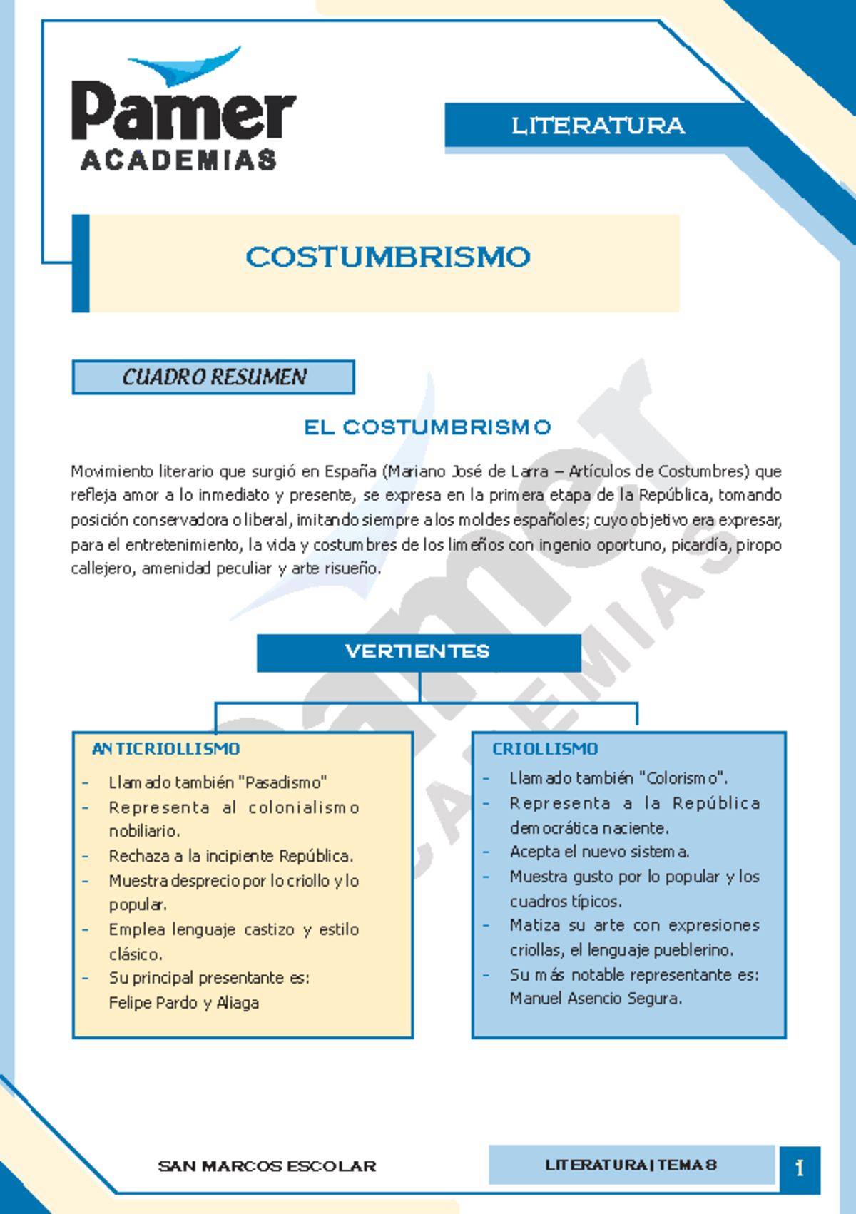 Literatura S8 Escolar - Djjdjd - 1 LITERATURA COSTUMBRISMO SAN MARCOS ...