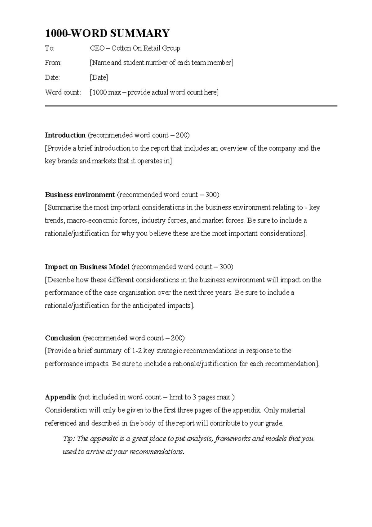1000-word summary template (2022 v1 - 1000-WORD SUMMARY To: CEO ...