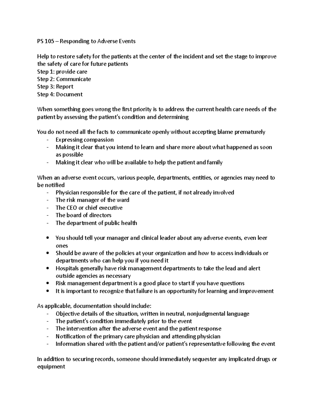 PS 105 Notes - PS 105 – Responding to Adverse Events Help to restore ...