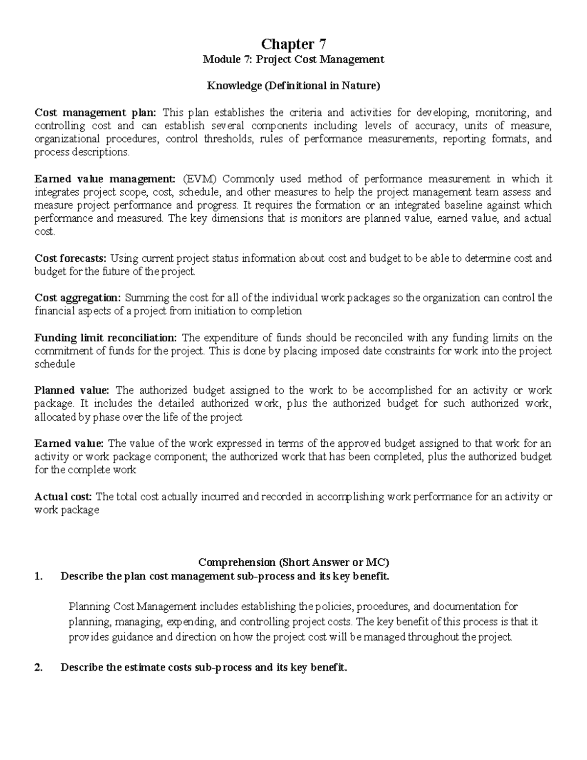 Critical Issues Chapter 7 - Chapter 7 Module 7: Project Cost Management ...