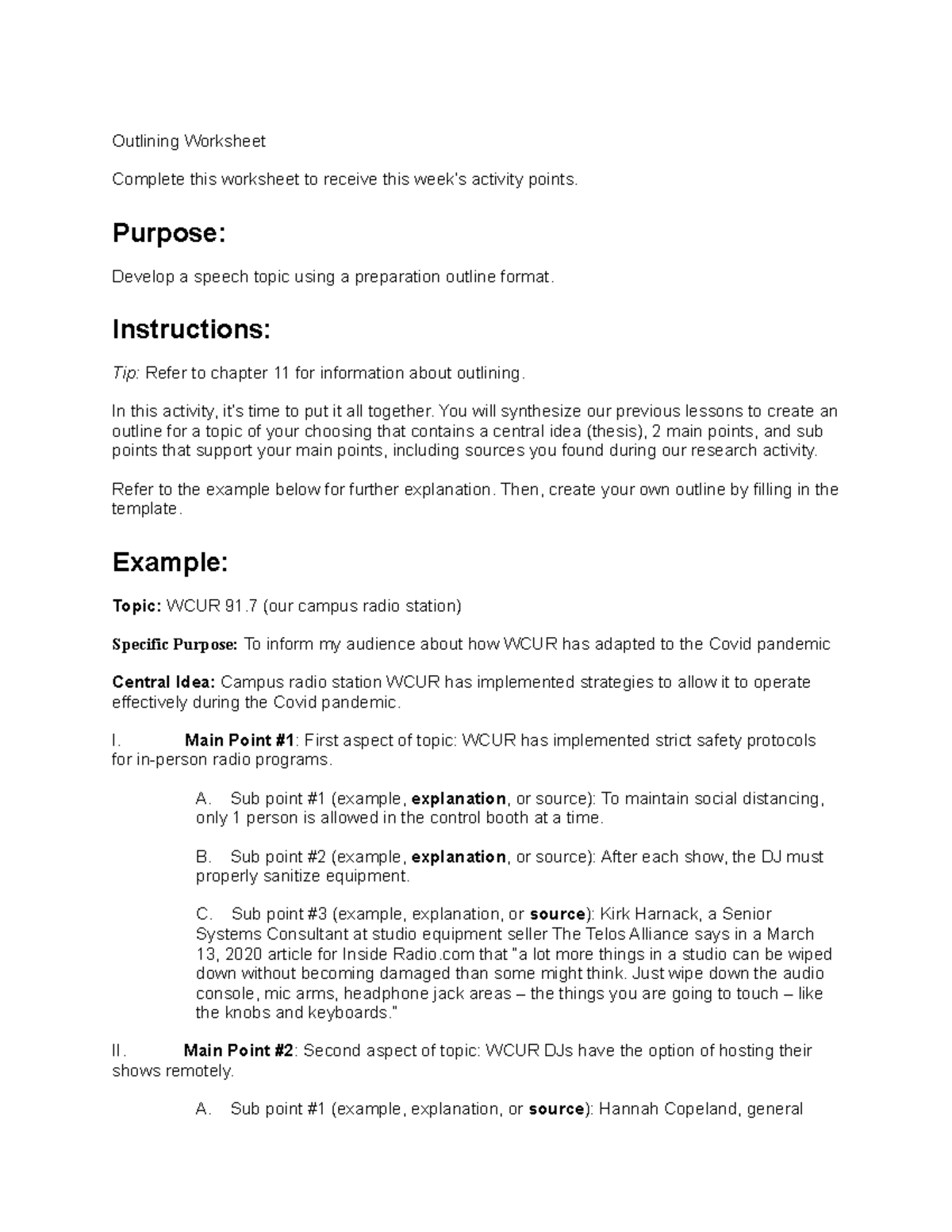 Outlining Worksheet - Outlining Worksheet Complete this worksheet to ...