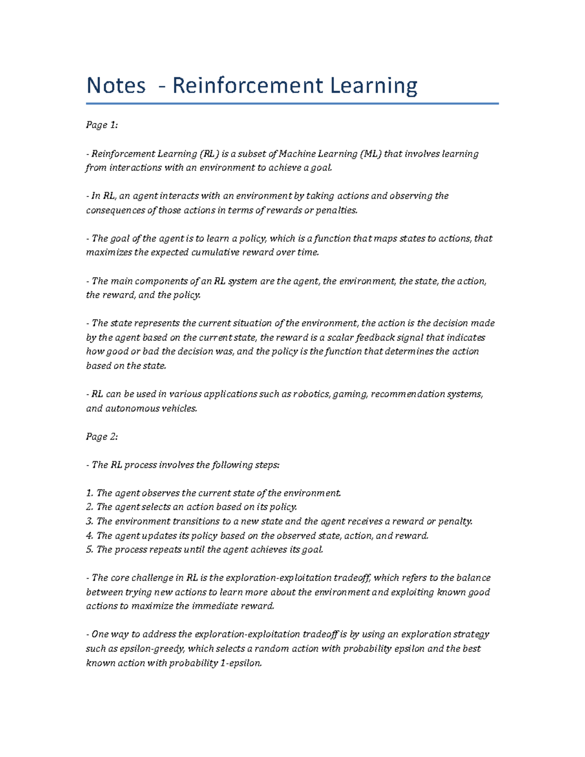 Lecture Notes Reinforcement Learning Notes Reinforcement Learning Page 1 Reinforcement