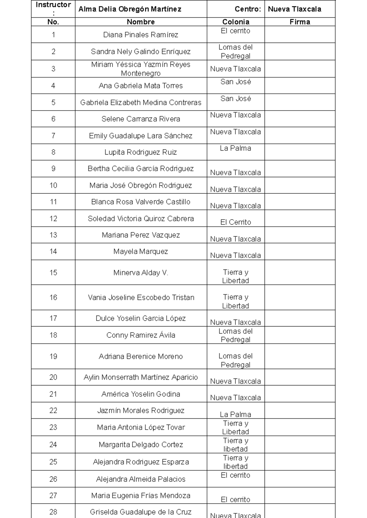 Lista Playeras Septiembre - Instructor : Alma Delia Obregón Martínez Centro: Nueva Tlaxcala No ...