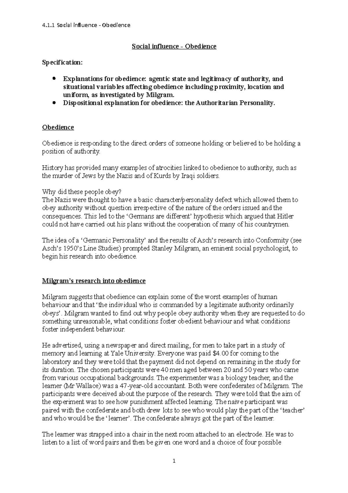 Social influence - obedience notes - Social influence - Obedience ...