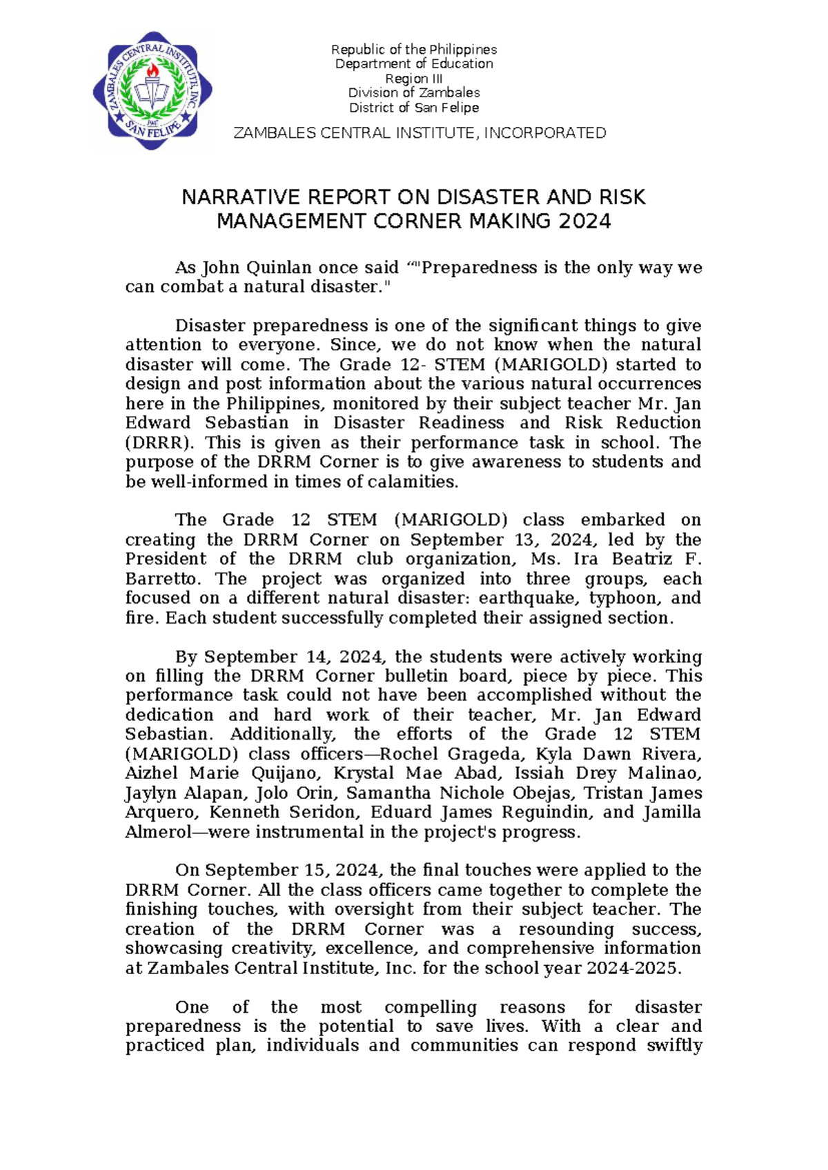 Narrative Report on DRRM Corner - NARRATIVE REPORT ON DISASTER AND RISK MANAGEMENT CORNER MAKING ...