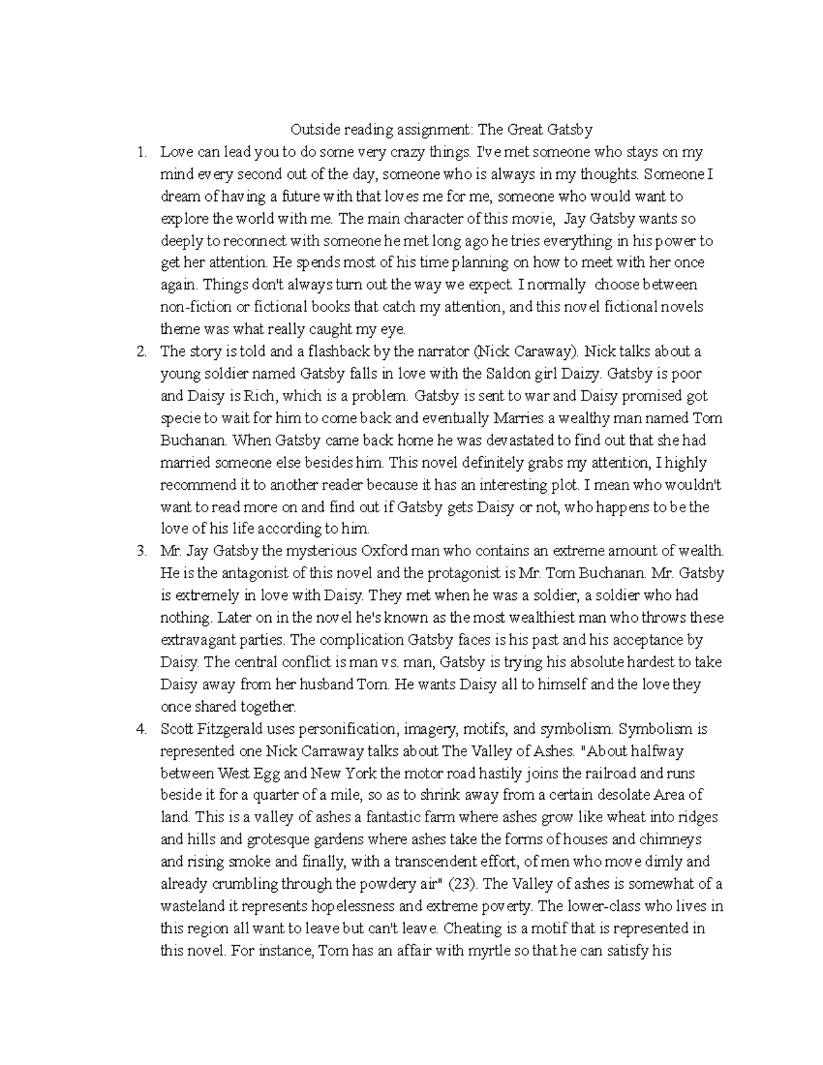 ENG 11 Gatsby - N/A - Outside reading assignment: The Great Gatsby Love ...