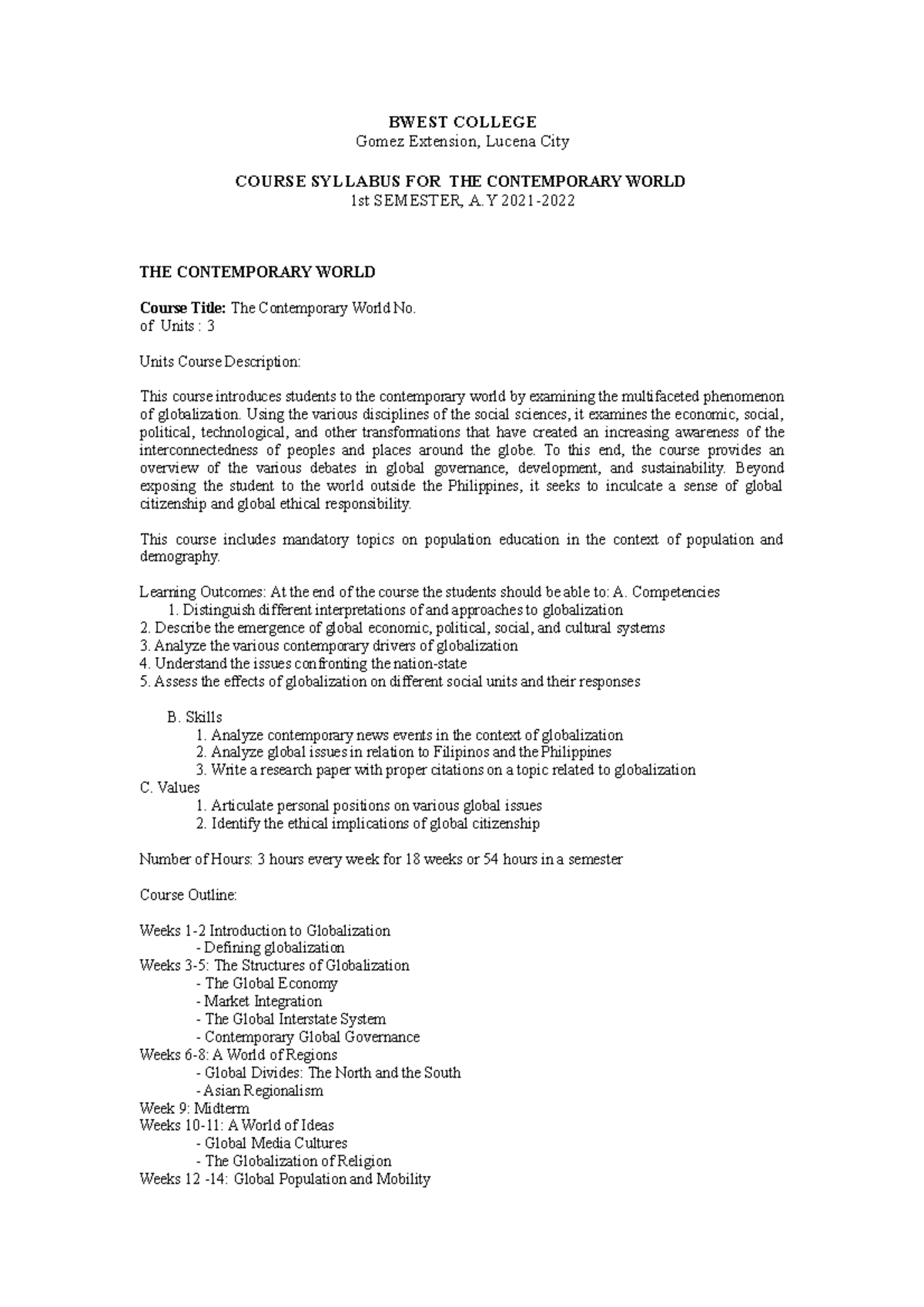 Syllabus The Contemporary world - BWEST COLLEGE Gomez Extension, Lucena ...