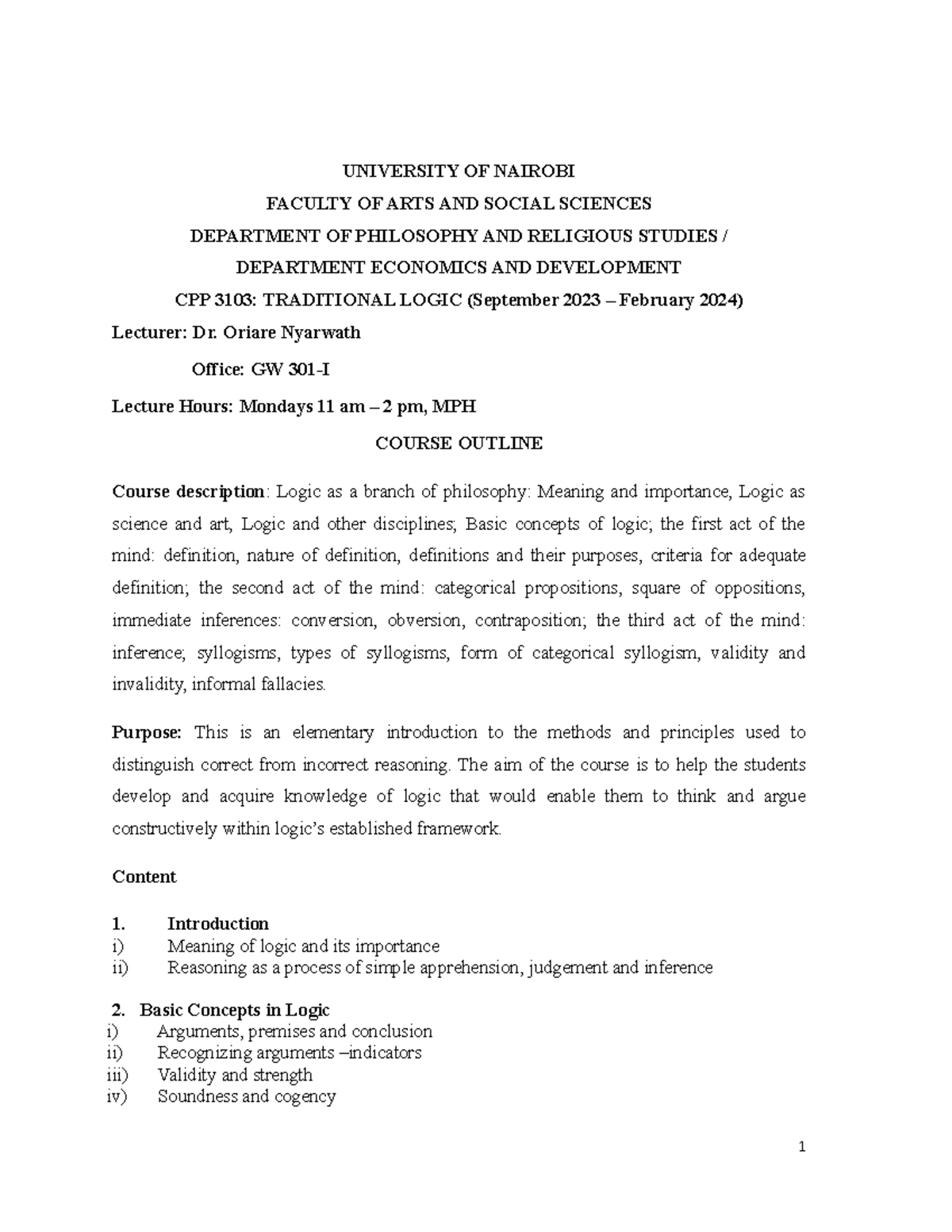 CPP 3103 - Course Outline - Traditional Logic 2023 - UNIVERSITY OF ...