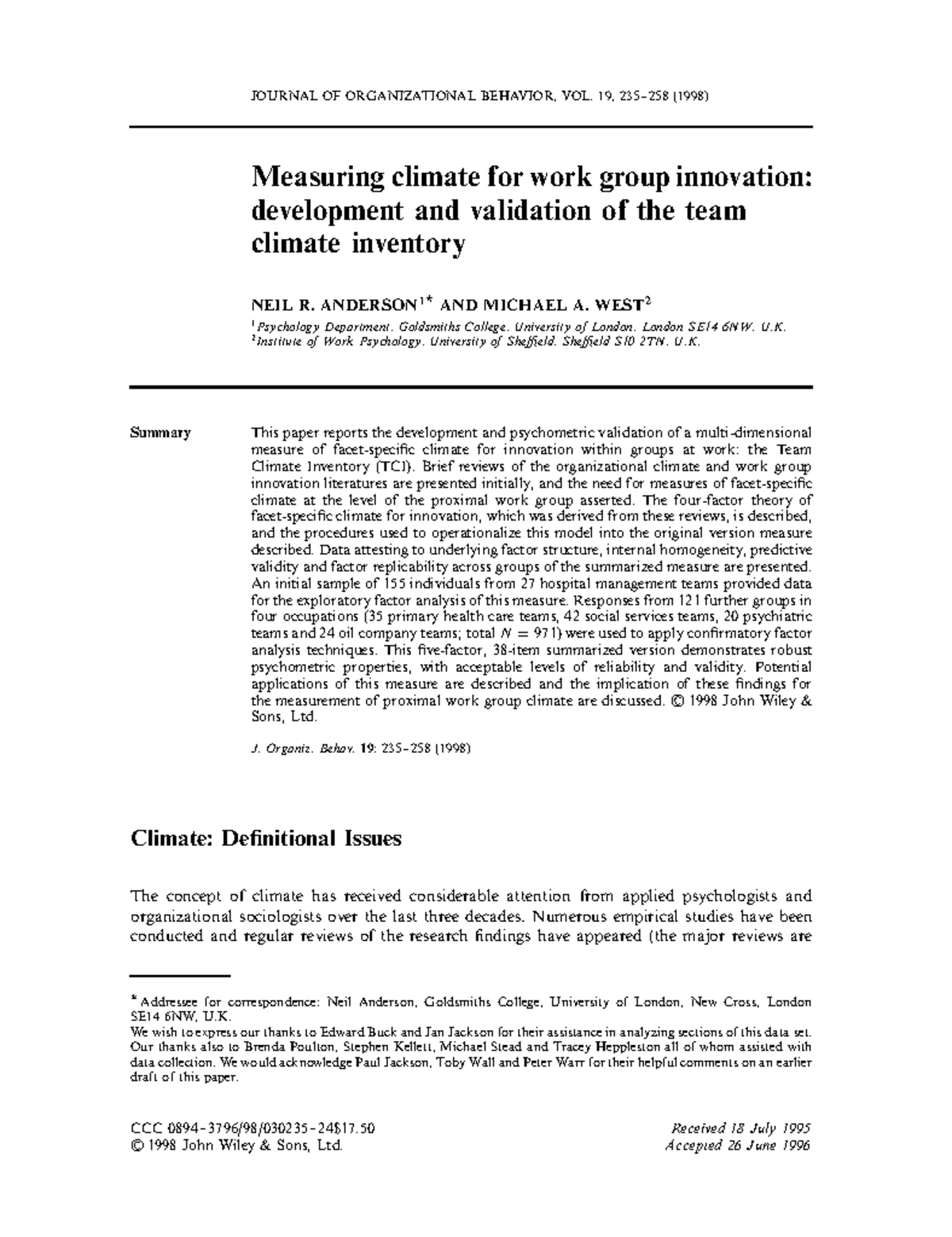 Measuring climate for work group innovation Development and validation ...