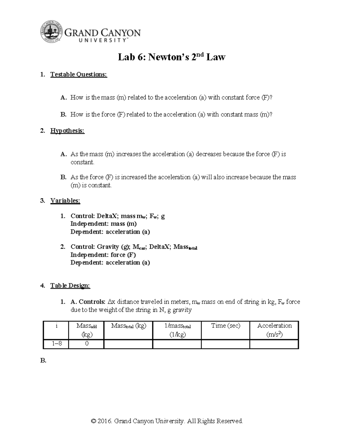 Phys Lab 6 copy of lab 6 physics 111 document - Lab 6: Newton’s 2nd Law ...