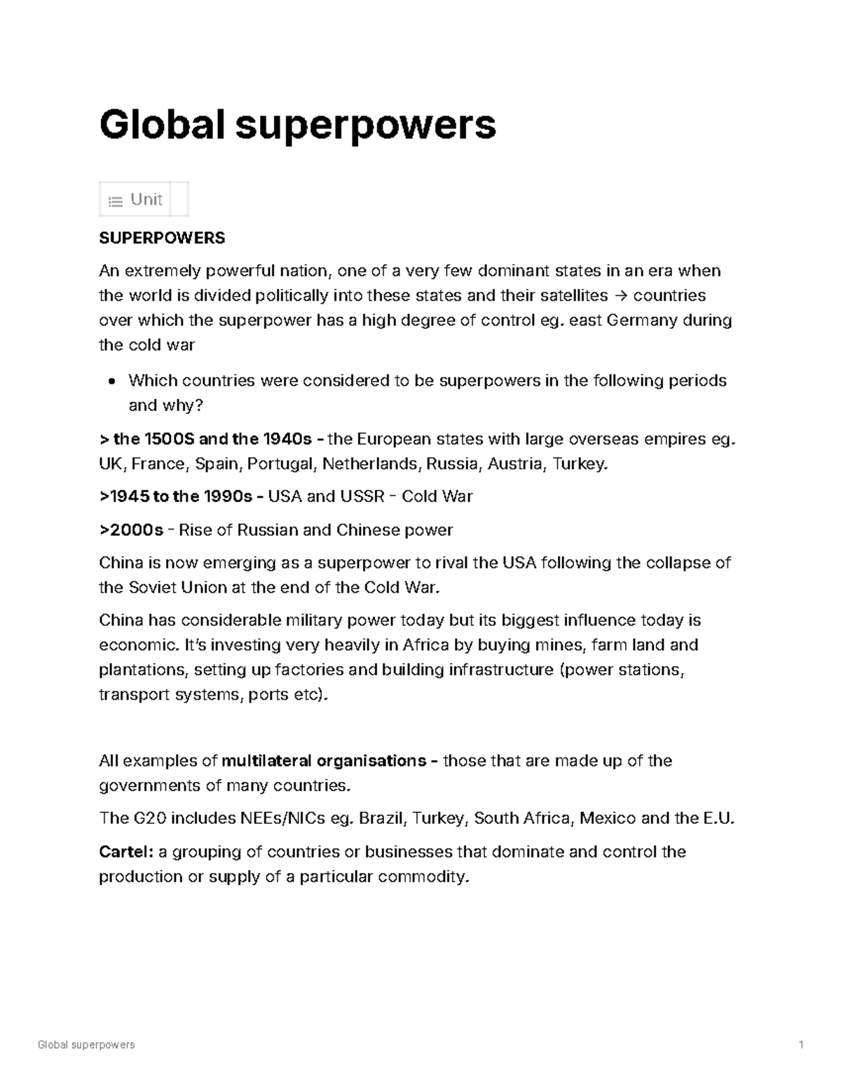 Global superpowers notes geo - Global superpowers 1 Global superpowers ...