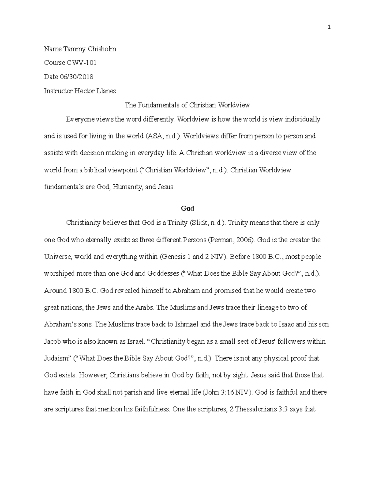 The Essentials of Christian Worldview Essay - Name Tammy Chisholm ...