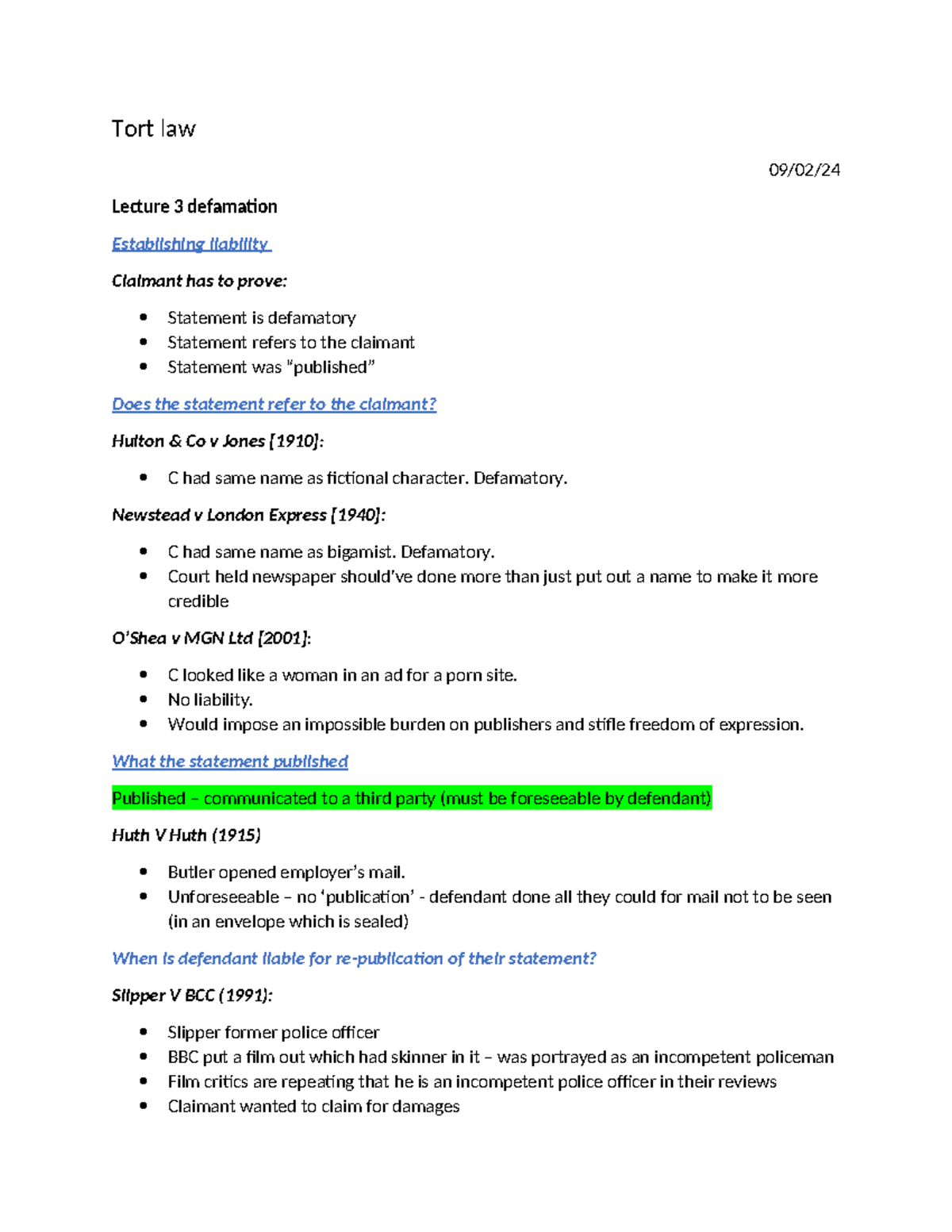 Tort law - defamation lecture 3 - Tort law 09/02/ Lecture 3 defamation ...
