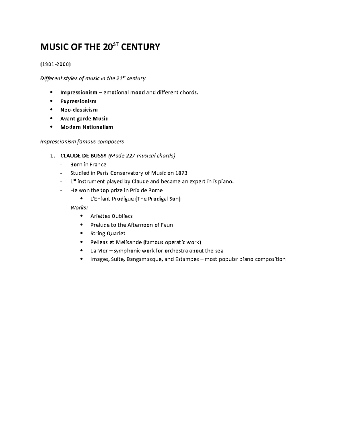 Music of the 20st century ( Mapeh 1STQ) - MUSIC OF THE 20 ST CENTURY ...