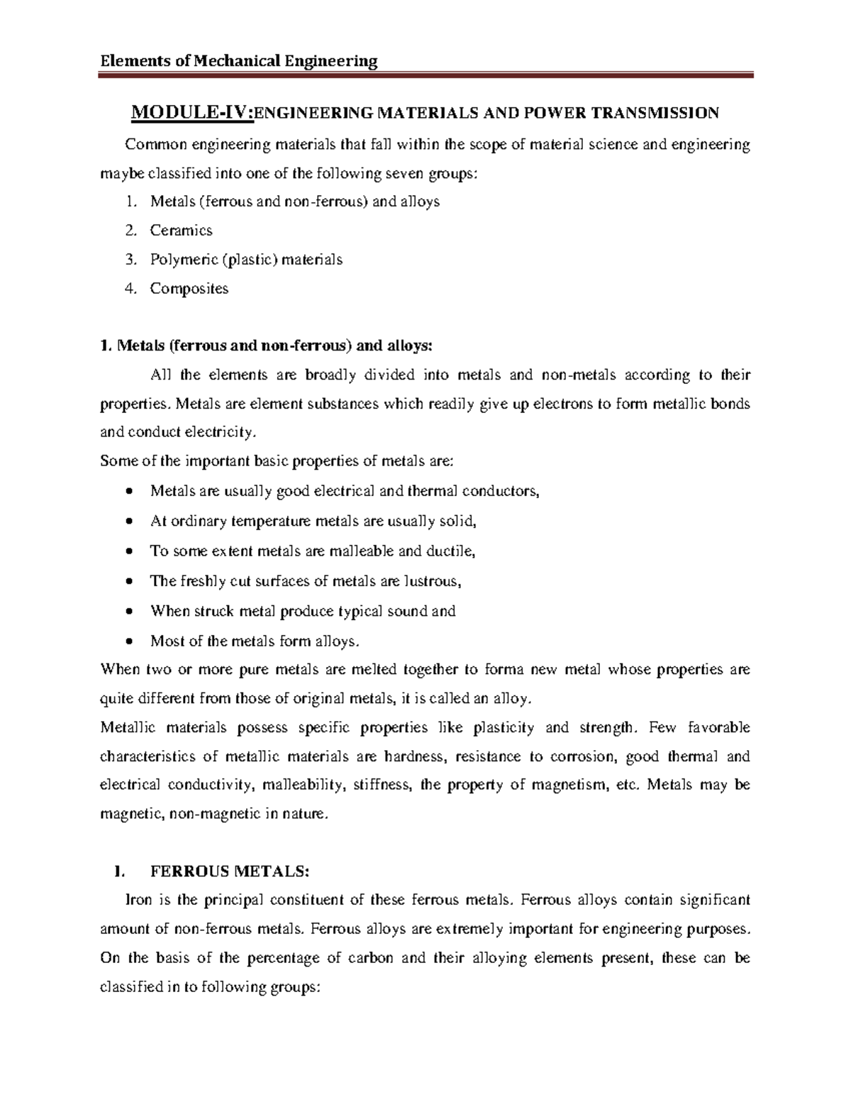 Engineering Mechanics Unit-4 - MODULE-IV:ENGINEERING MATERIALS AND POWER TRANSMISSION Common ...