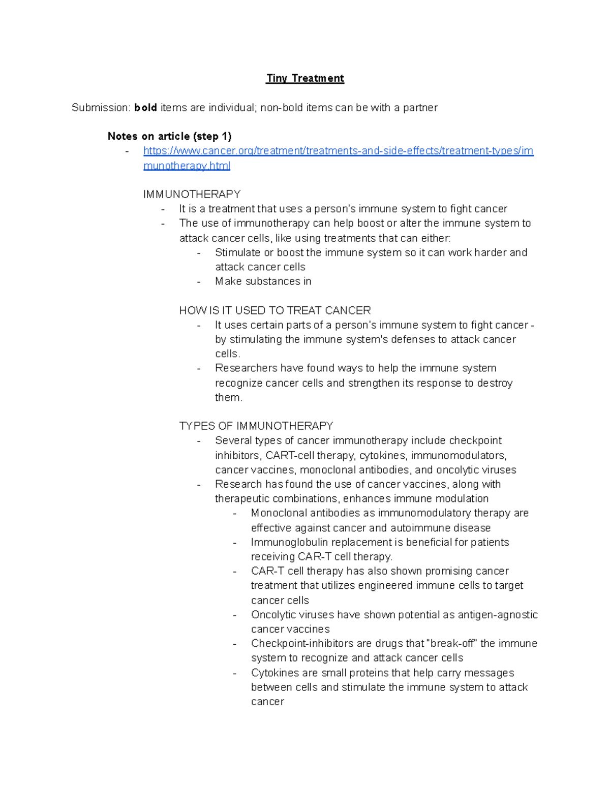 Tiny Treatment - Tiny Treatment Submission: bold items are individual ...