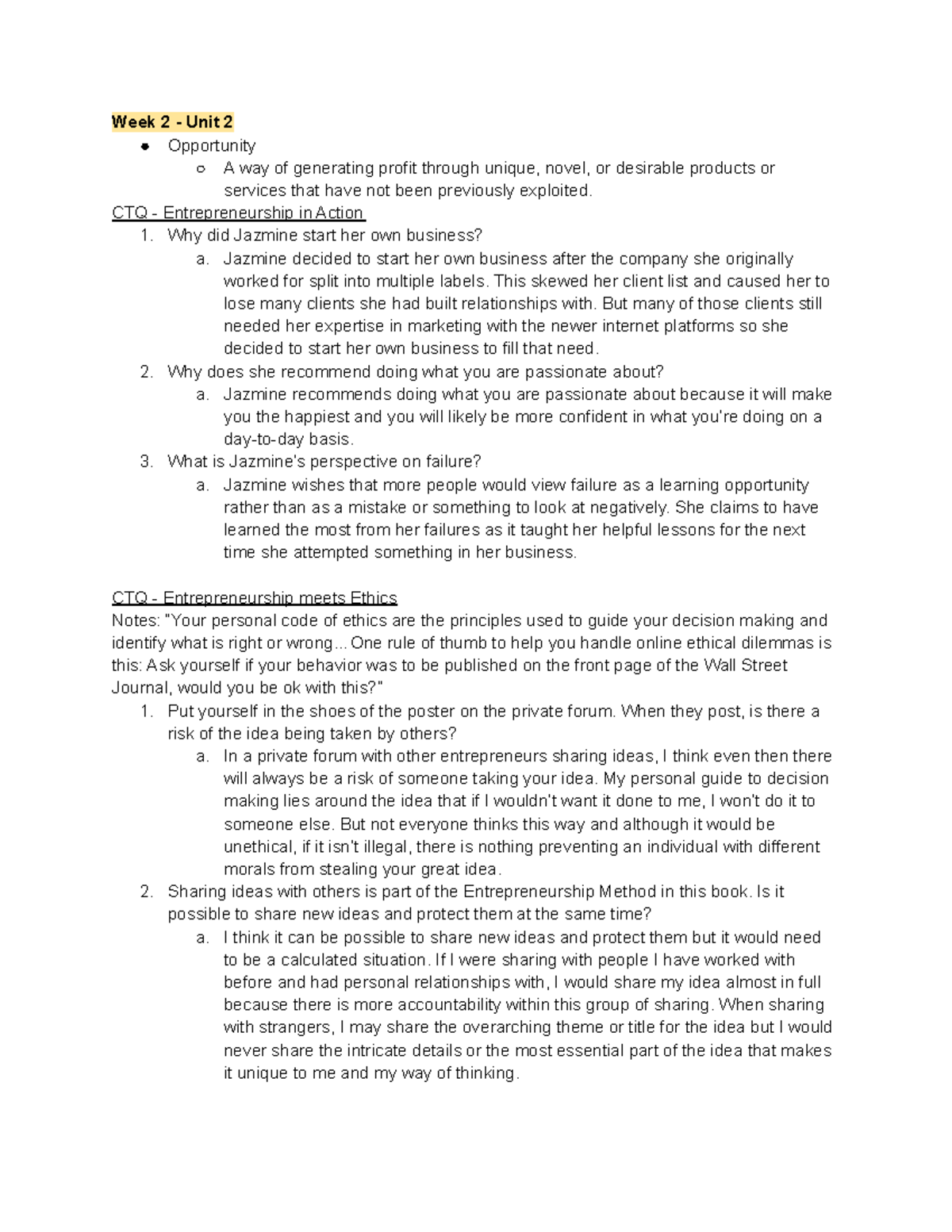 Week 2 - Unit 2 ENT 301 - The instructor for this course was Joseph ...