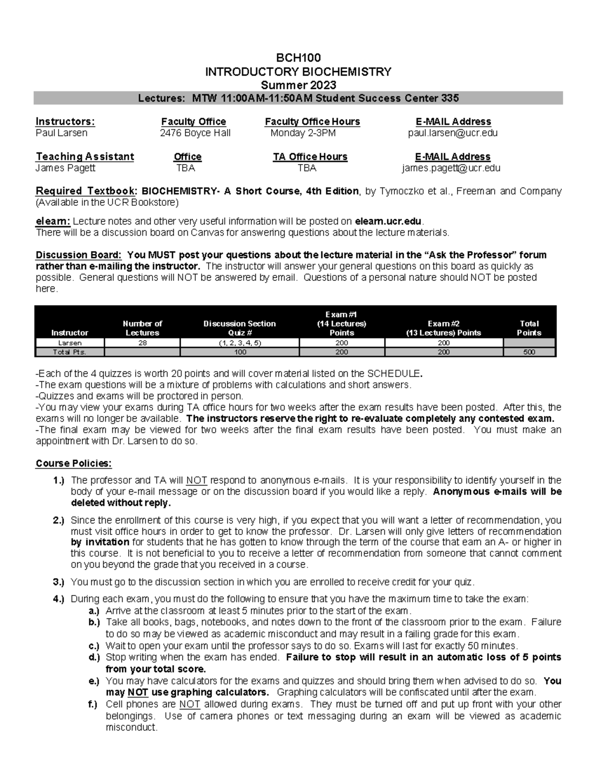 BCH100Summer 2023syllabus - BCH INTRODUCTORY BIOCHEMISTRY Summer 20 23 ...