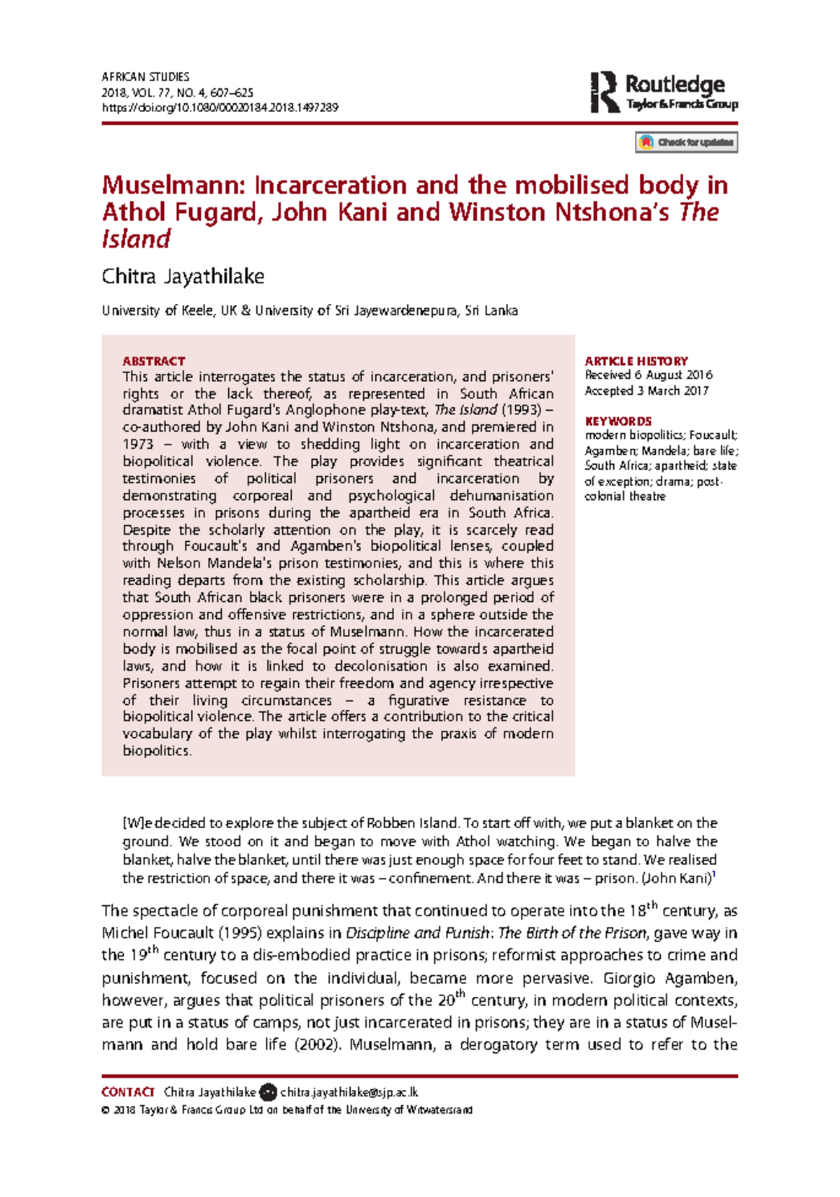 Muselmann: Incarceration and the mobilised body in Athol Fugard, John ...