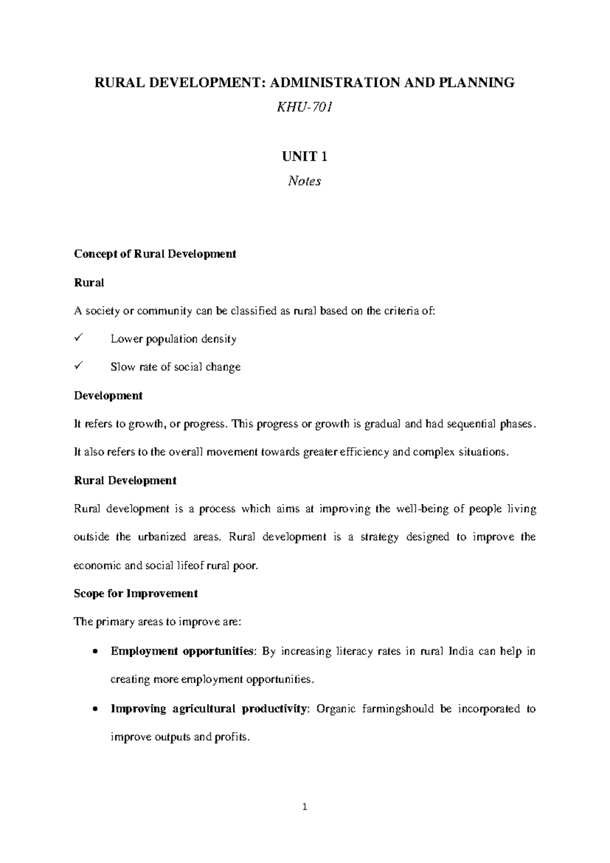 Rural Development Unit 1 Note - RURAL DEVELOPMENT: ADMINISTRATION AND PLANNING KHU- 701 UNIT 1 ...