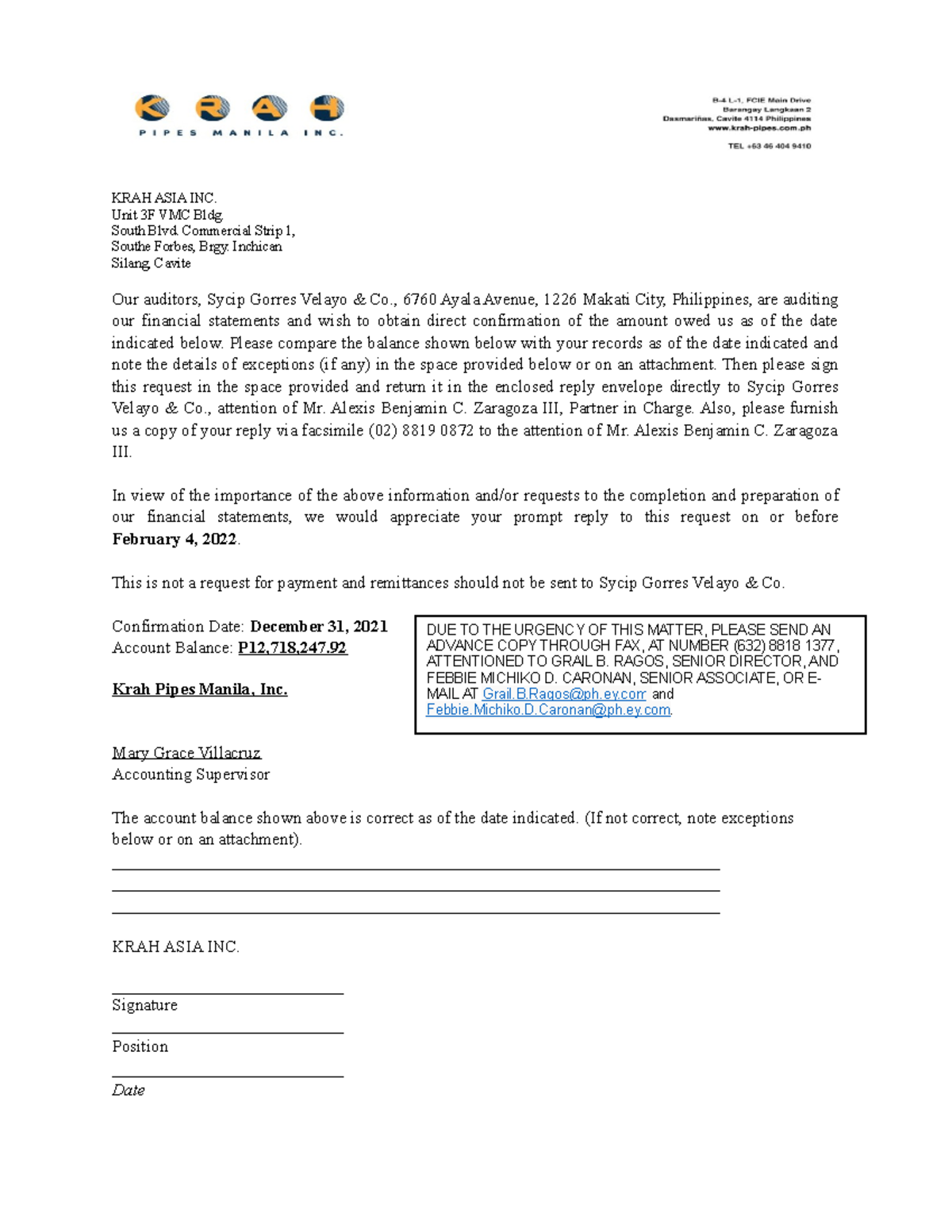 Accounts Receivable Confirmation - KRAH ASIA INC. Unit 3F VMC Bldg ...