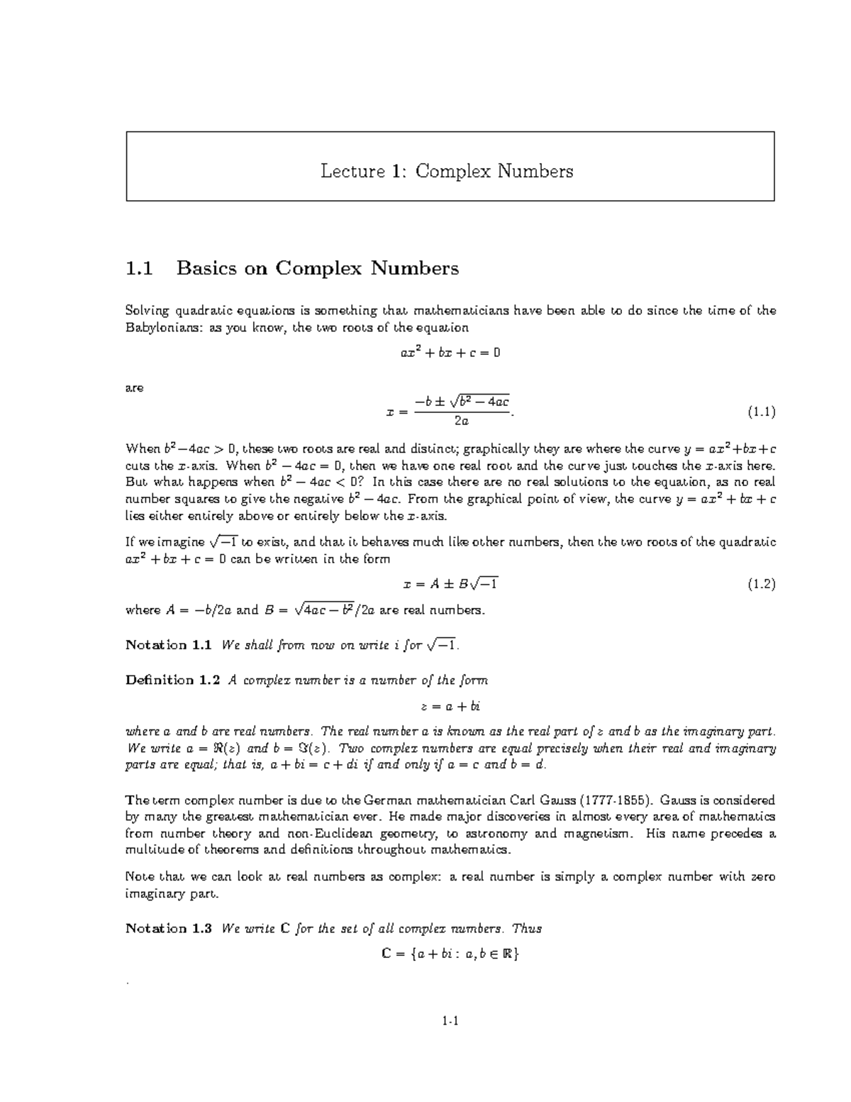 Nombres Complexos teoria - Lecture 1: Complex Numbers 1 Basics on ...