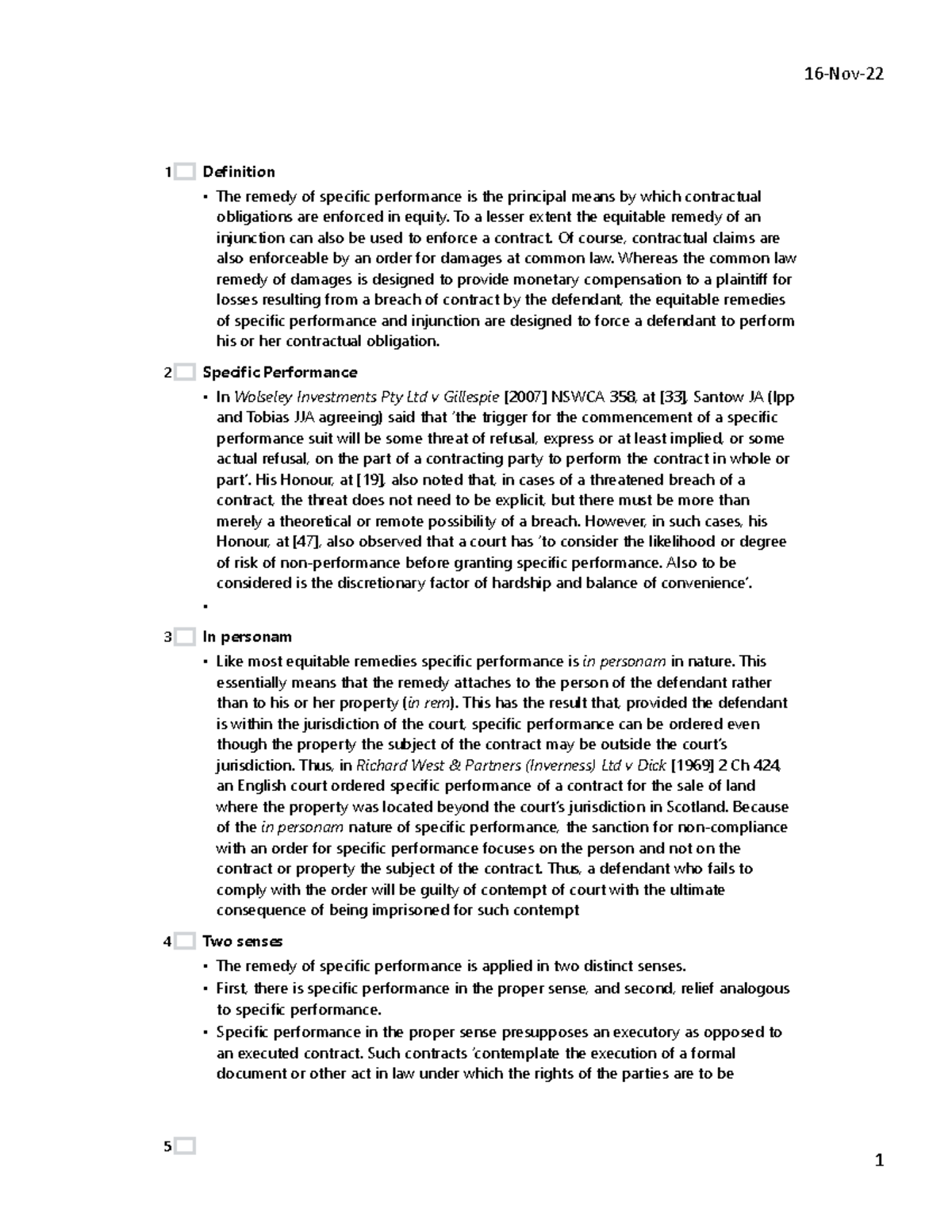 Lecture 9 Specific Performance - Definition The remedy of specific ...