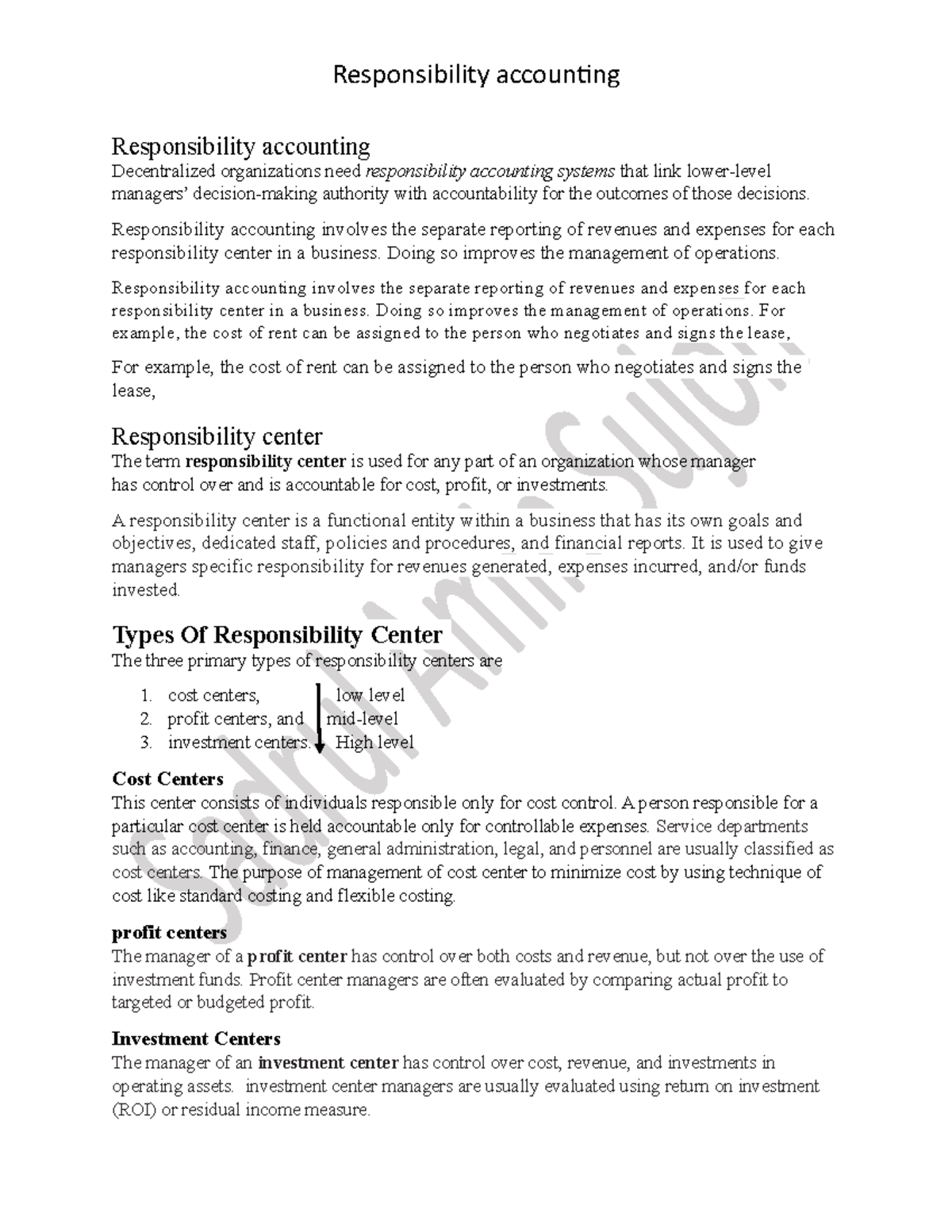 Responsibility Accounting - Responsibility accounting involves the ...