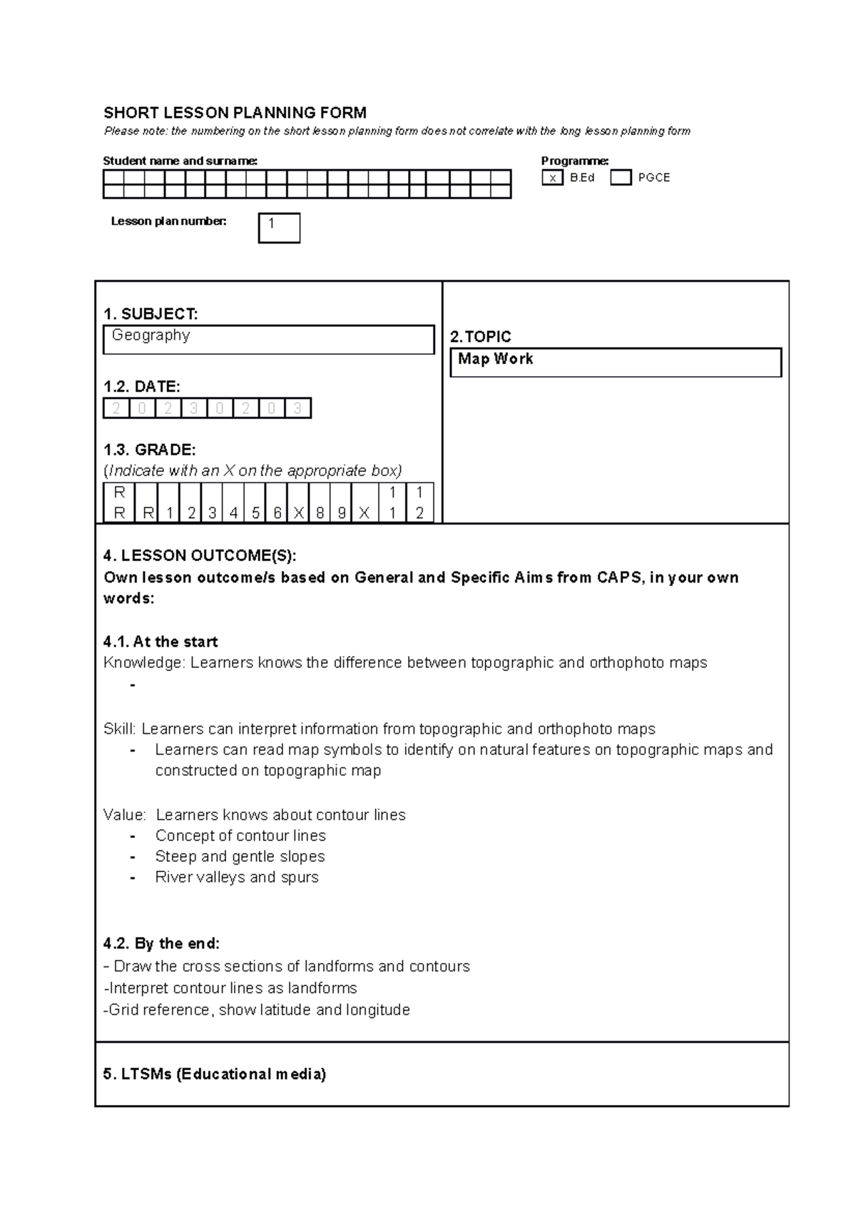 2023 Lesson paln number 1 - SHORT LESSON PLANNING FORM Please note: the ...