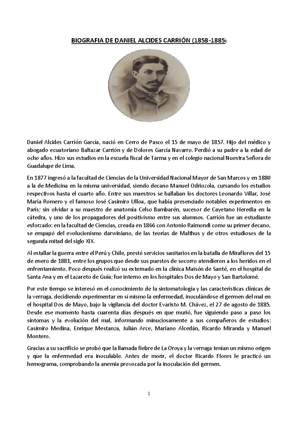 Biografia DE Daniel Alcides Carrión - 1 BIOGRAFIA DE DANIEL ALCIDES ...