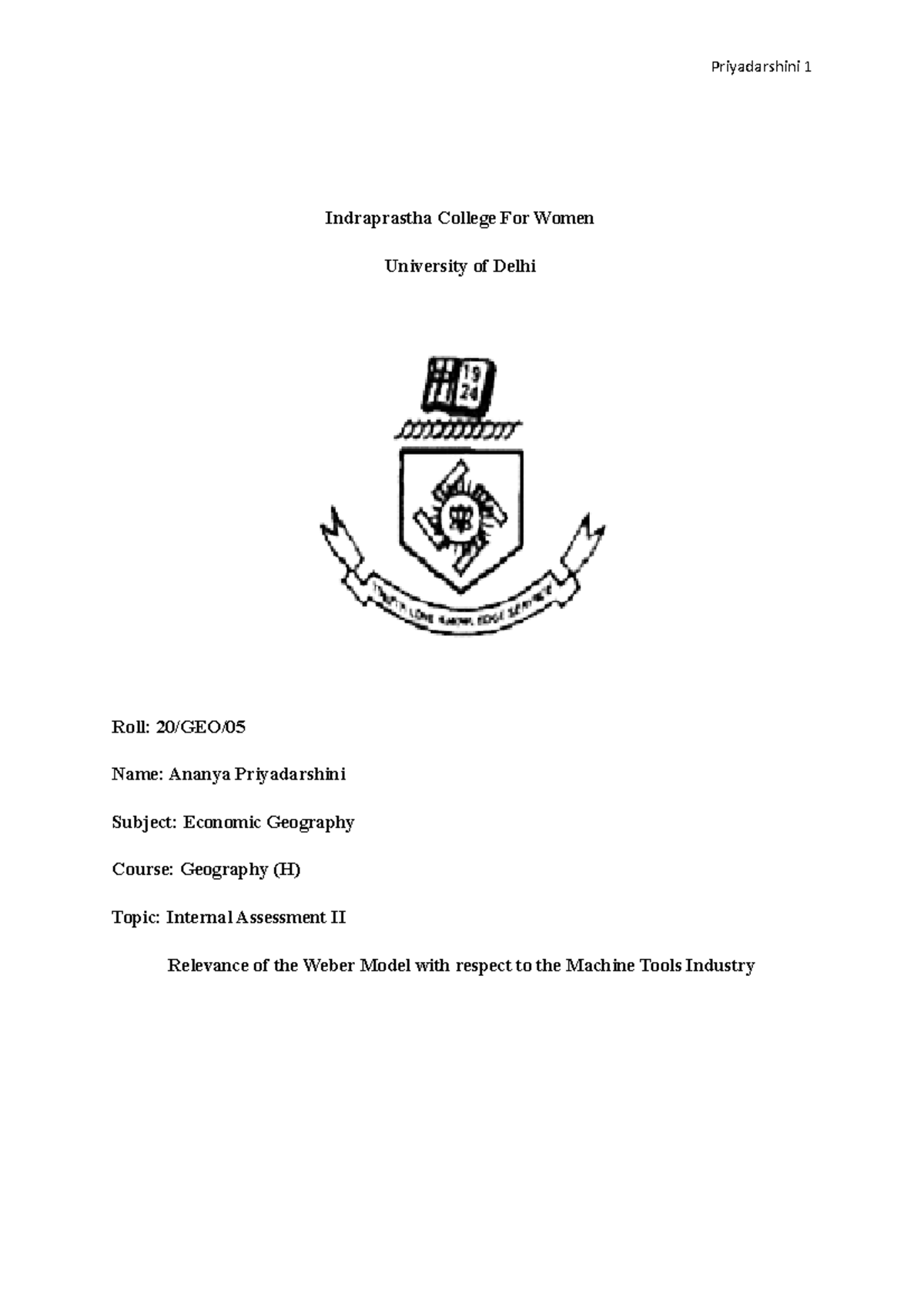 Econ geo assignment - Indraprastha College For Women University of ...