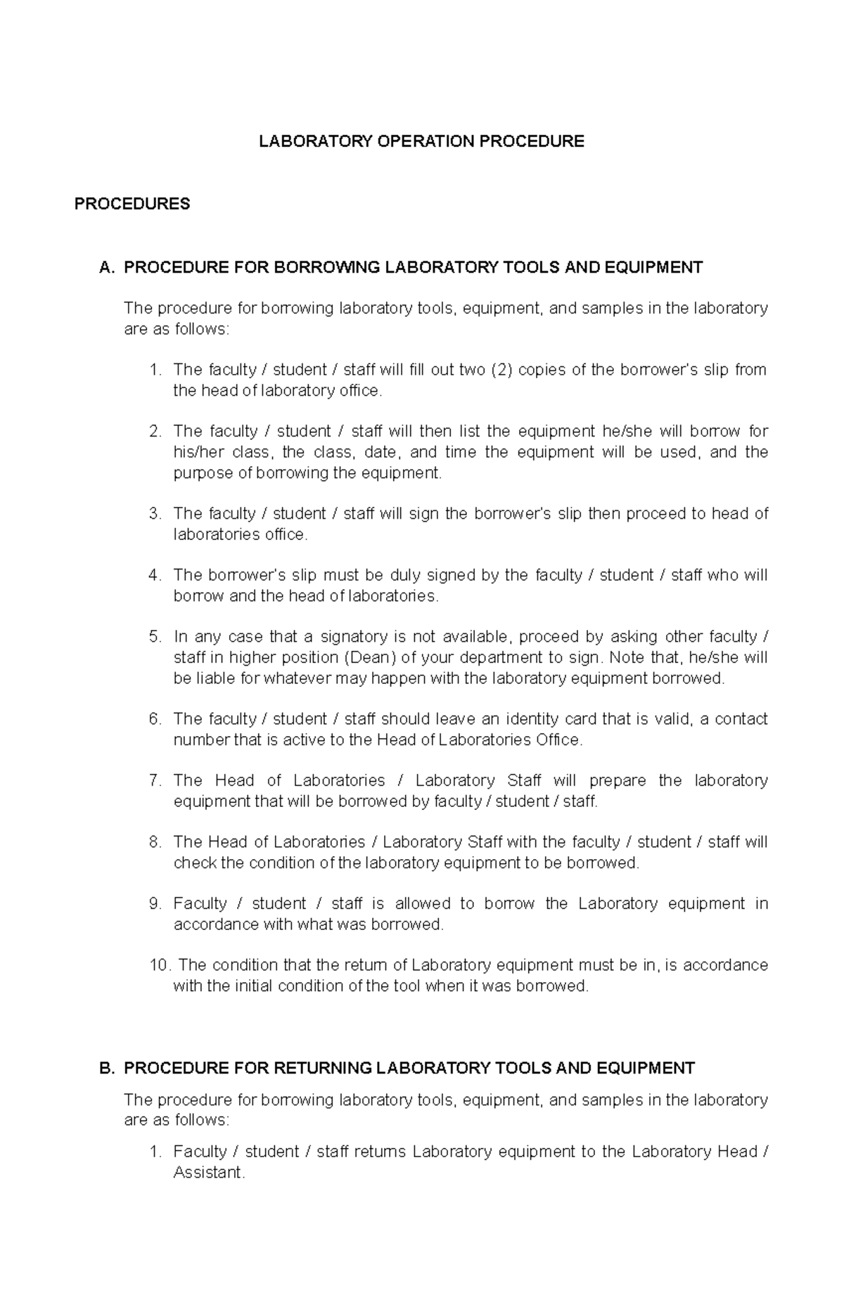 Procedural Manuals - Laboratory Procedures - LABORATORY OPERATION ...