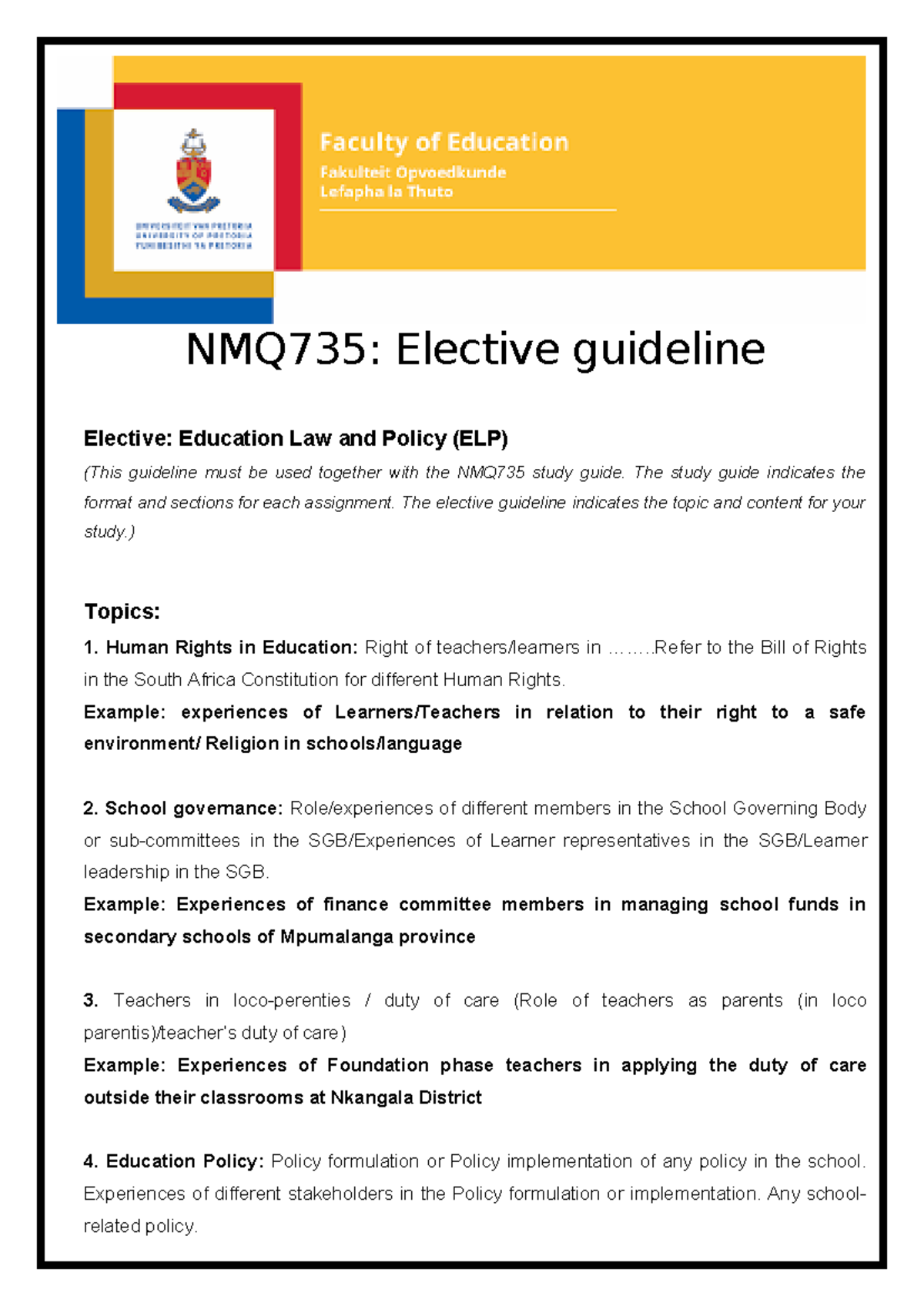 NMQ735 Elective guideline template ELP - NMQ735: Elective guideline ...