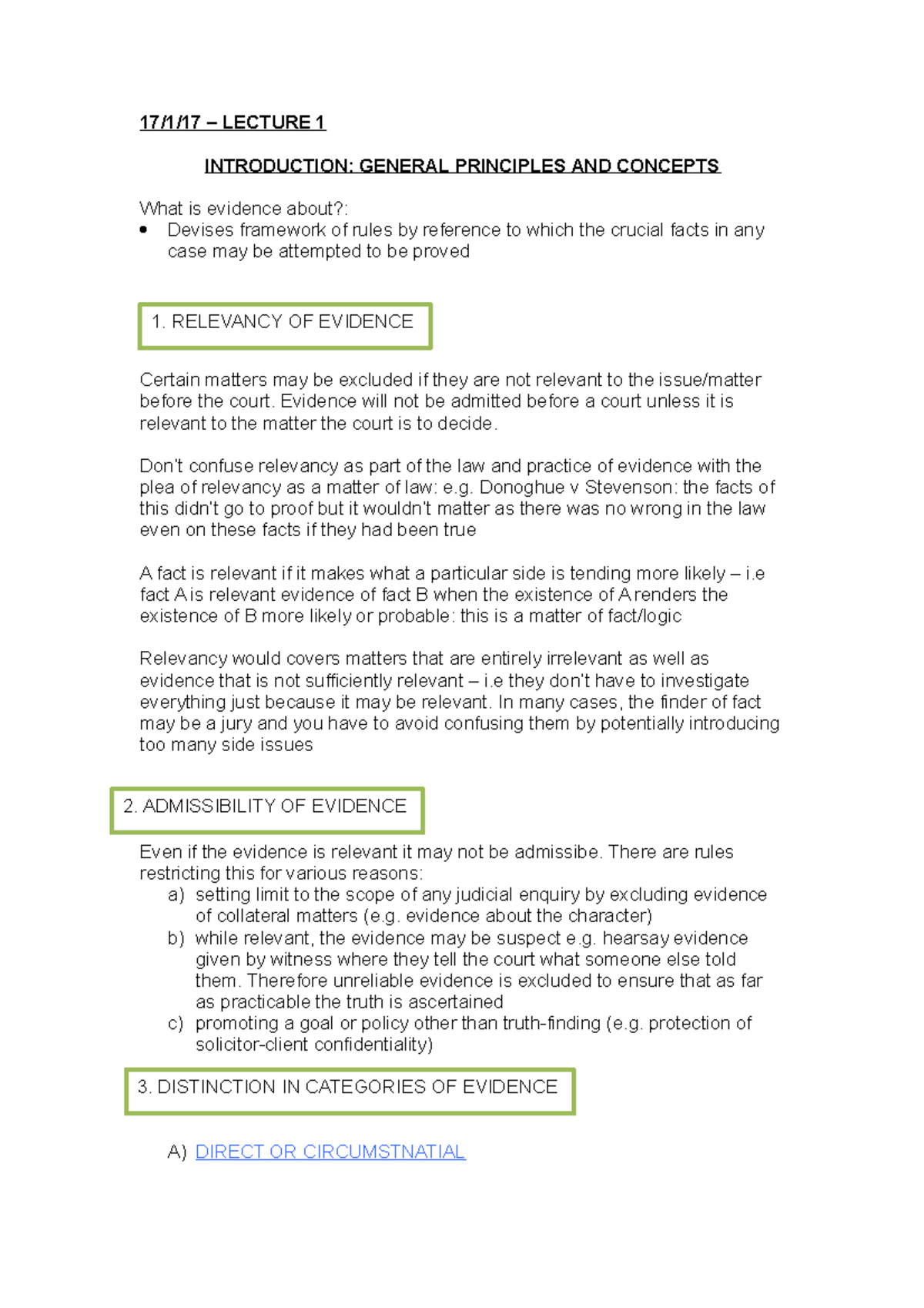 Evidence Lecture Notes - 17/1/17 – LECTURE 1 INTRODUCTION: GENERAL ...