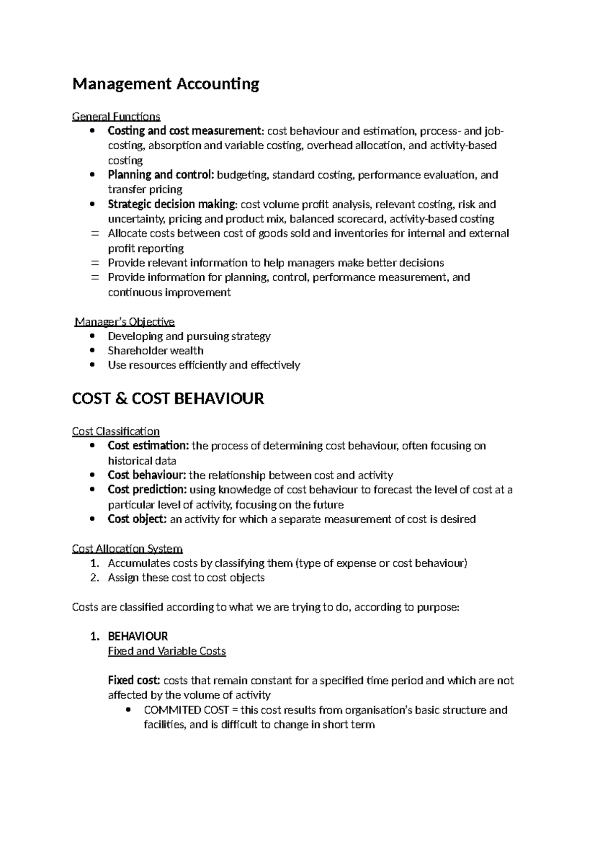 ACC2022H Notes - good - Management Accounting General Functions Costing ...