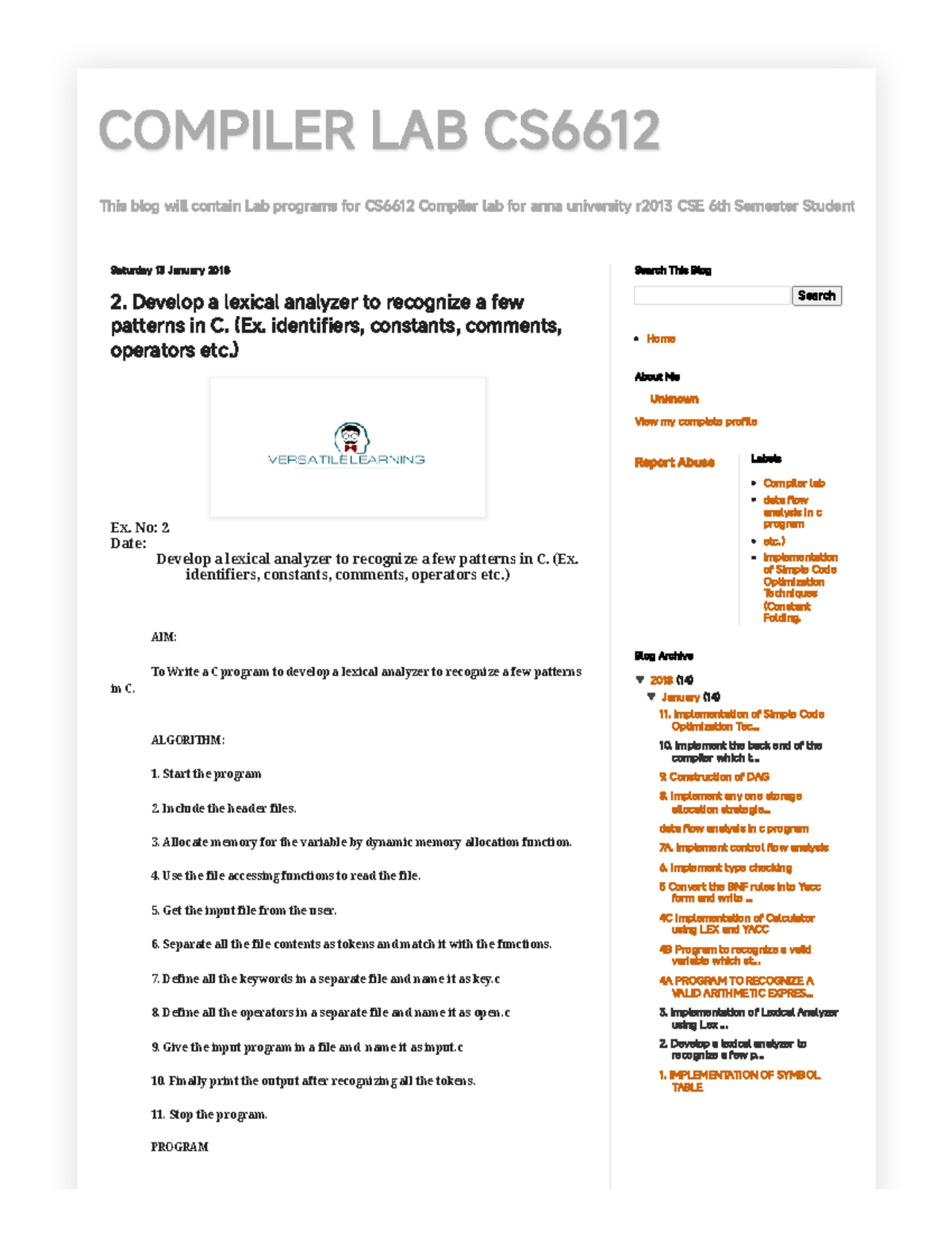 Compiler LAB CS6612 2. Develop a lexical analyzer to recognize a few patterns in C. (Ex. - Studocu