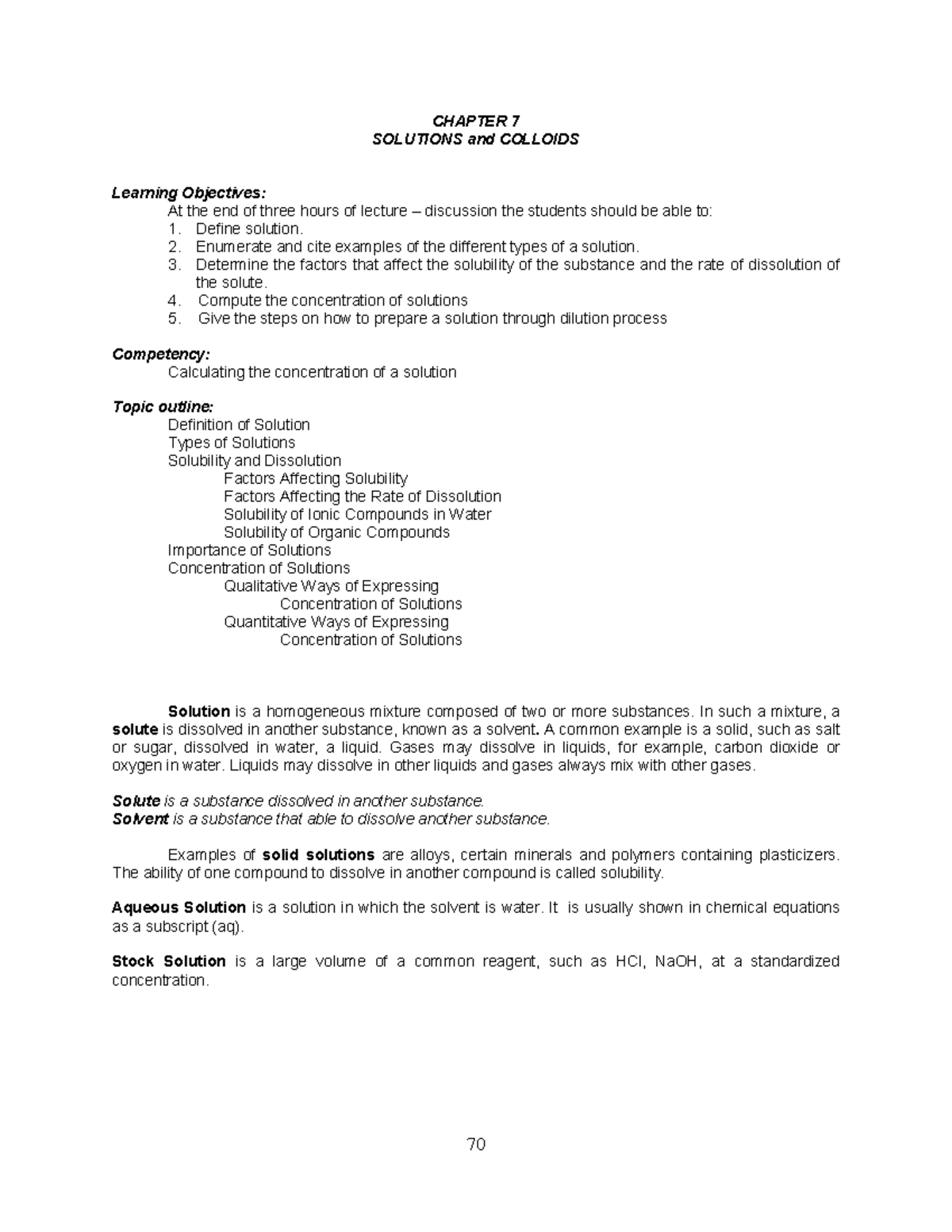 Chapter 7 Solutions AND Colloids - CHAPTER 7 SOLUTIONS and COLLOIDS ...