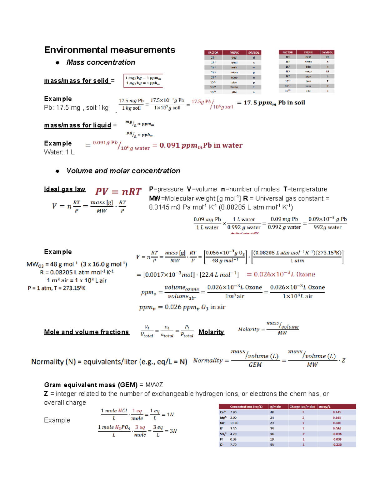 Final water exam 1 cheat sheet - Environmental measurements Mass ...