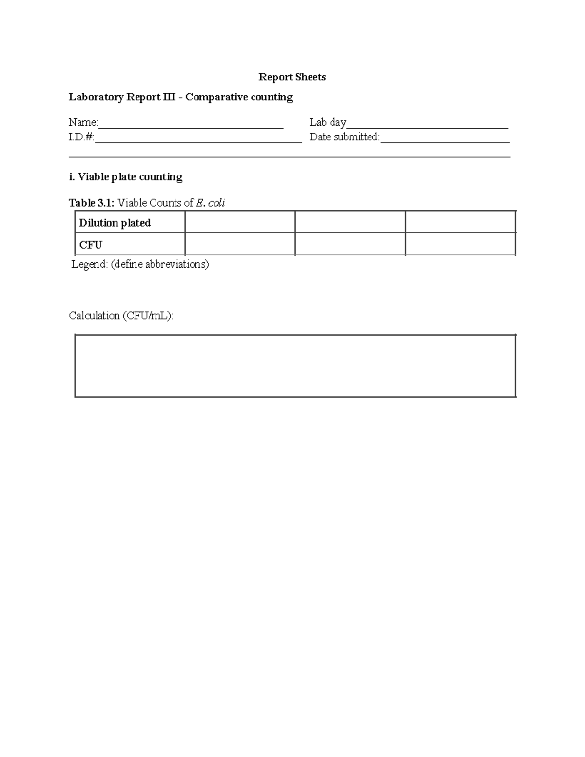 Report Sheets micr - Report Sheets Laboratory Report III - Comparative ...