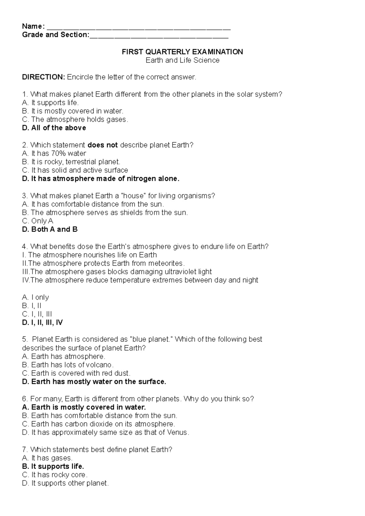 Earth and Life Science First Quarter Exam - Name