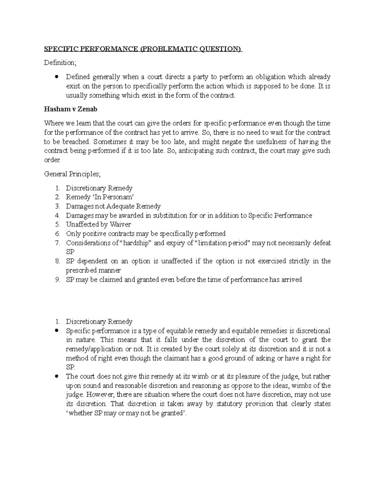 Specific Performance - Finals Notes - SPECIFIC PERFORMANCE (PROBLEMATIC ...